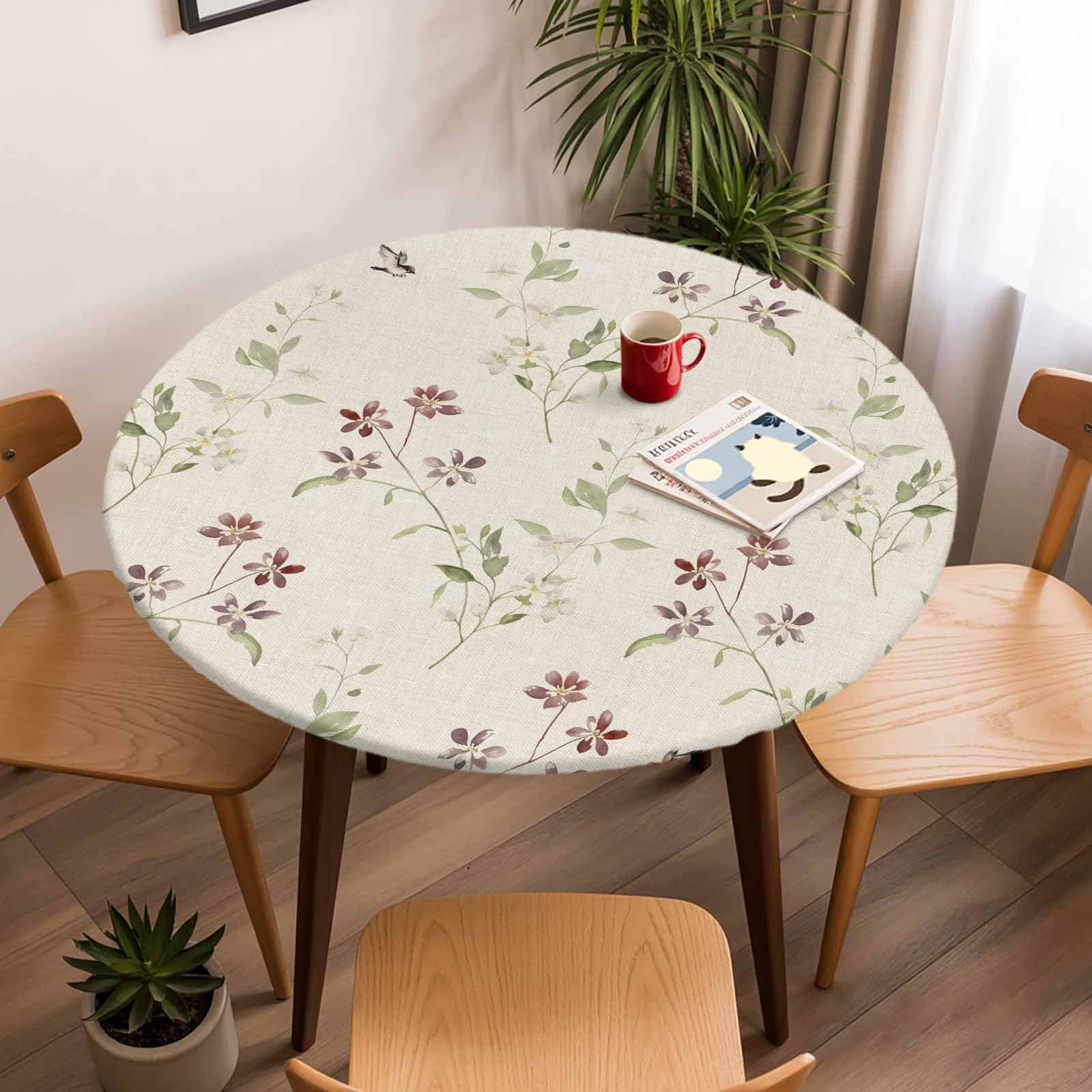 Fitted Tablecloth for Round Table, Spring Blossom Flower on Burlap ...