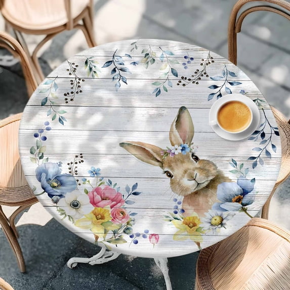 Fitted Tablecloth for Round Table,Spring Rabbit Flower Leaf Table Cover ...