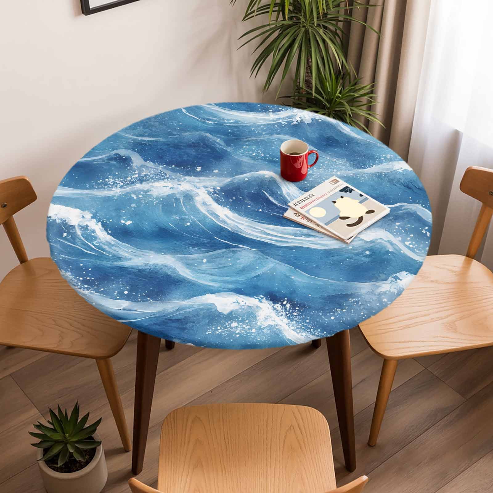 Fitted Tablecloth for Round Table, Summer Blue Ocean Water Ripple Table ...