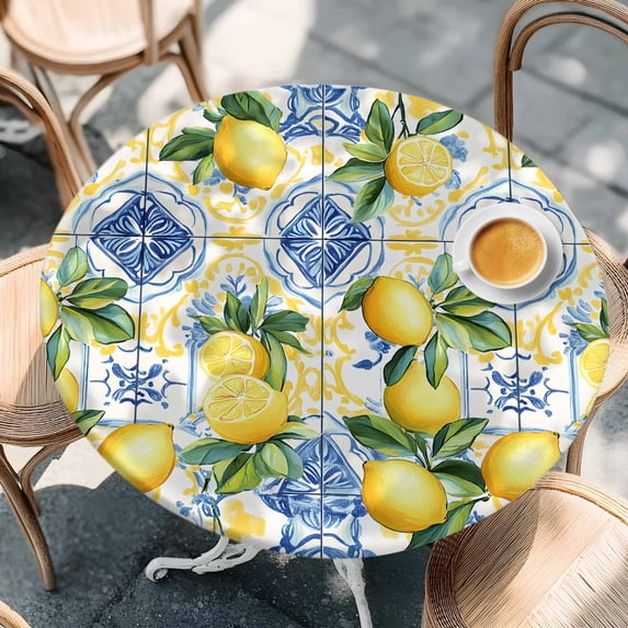 Fitted Tablecloth for Round Table,Summer Farmhouse Lemon Fruit Leaf ...