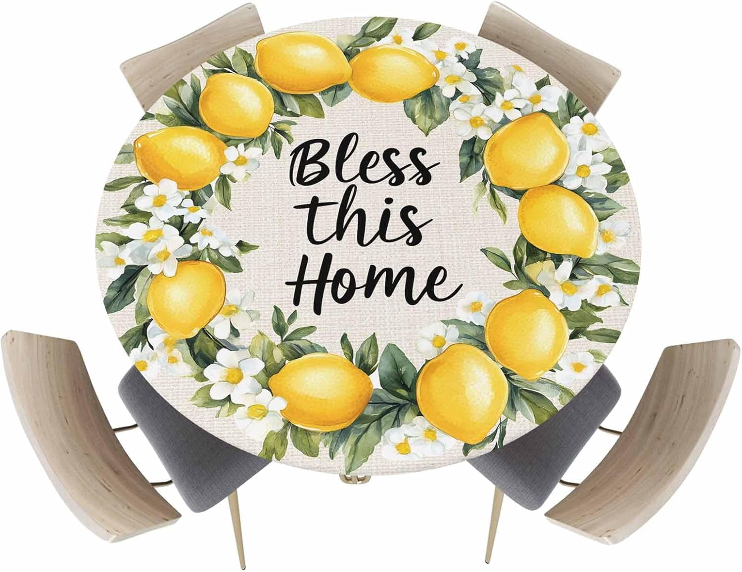Fitted Tablecloth for Round Table, Summer Lemon Watercolor Floral Table ...