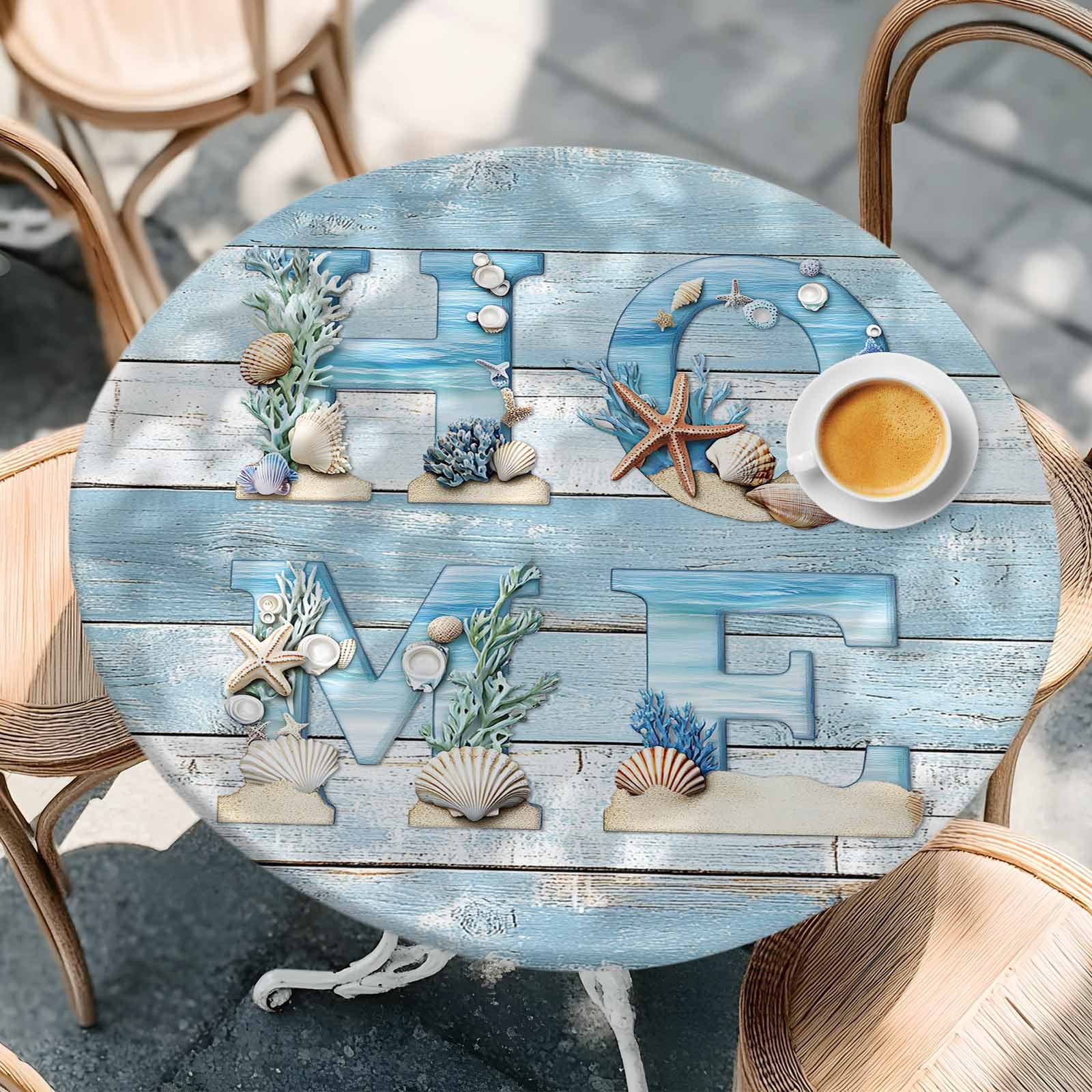 Fitted Tablecloth for Round Table,Summer Ocean Beach Shell Home Quote ...