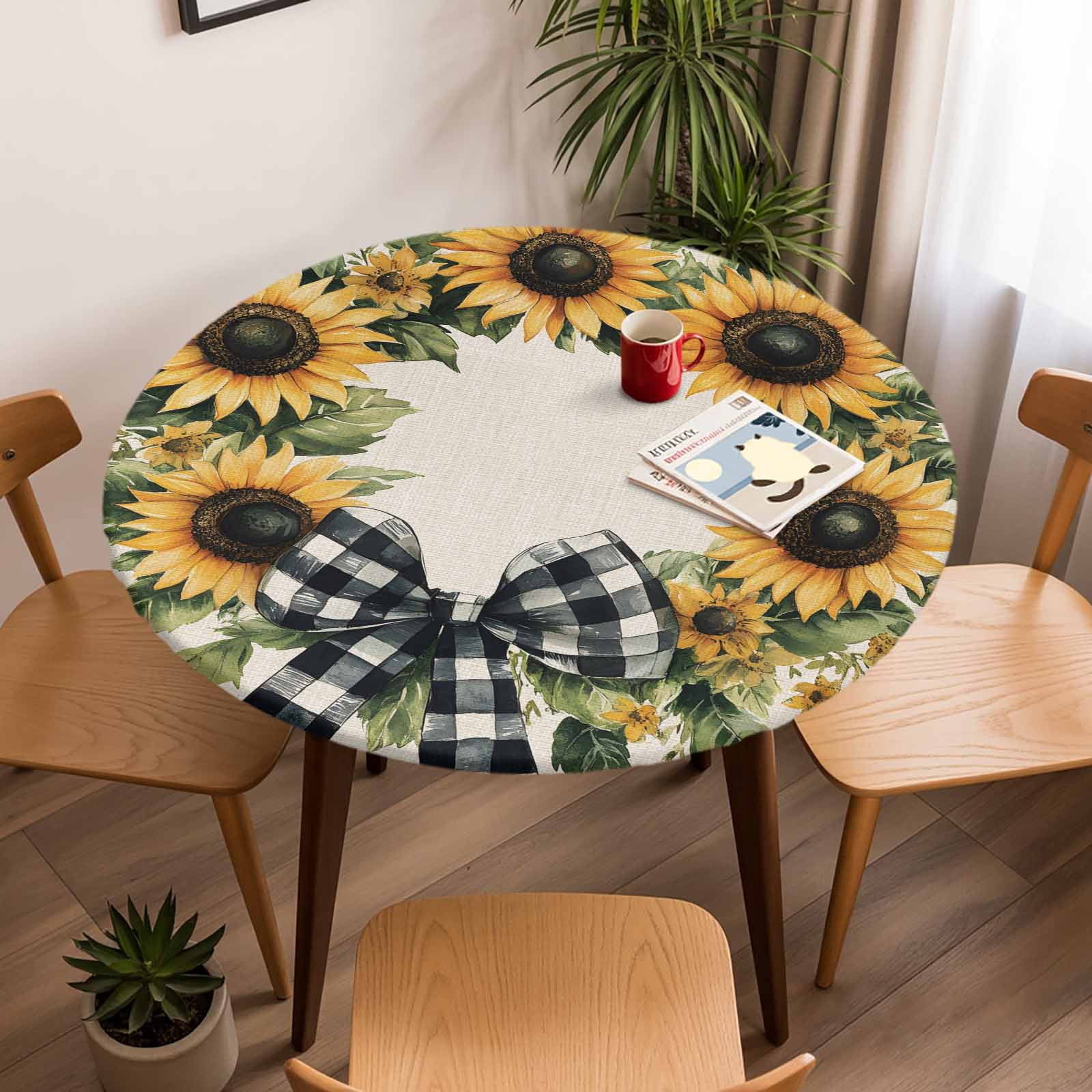 Fitted Tablecloth for Round Table, Summer Pastoral Sunflower Wreath on ...