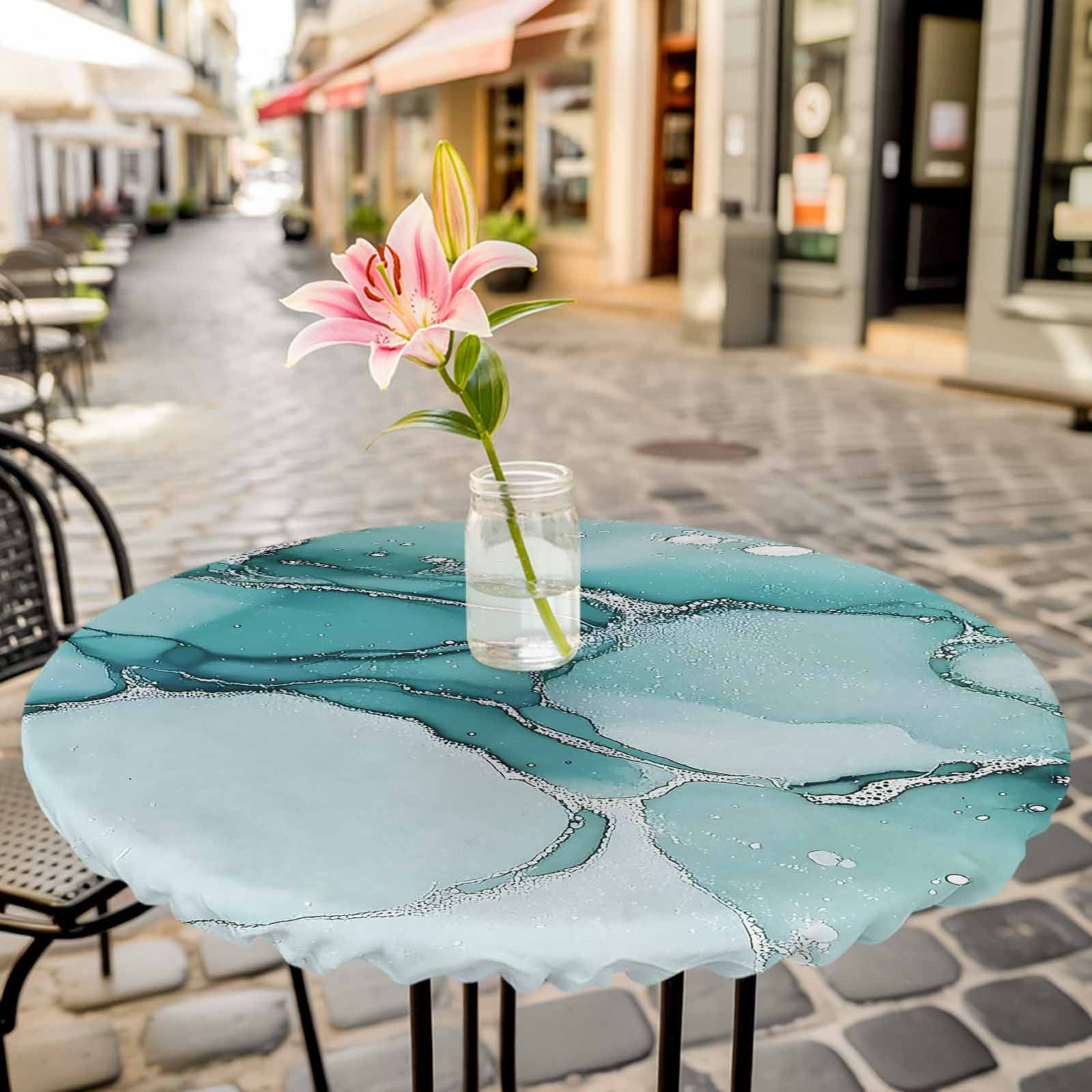 Fitted Tablecloth for Round Table, Teal Marble Gradient Water Ripple ...
