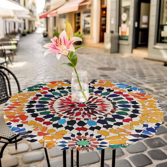 Fitted Tablecloth for Round Table, Traditional Colourful Moroccan Wall ...