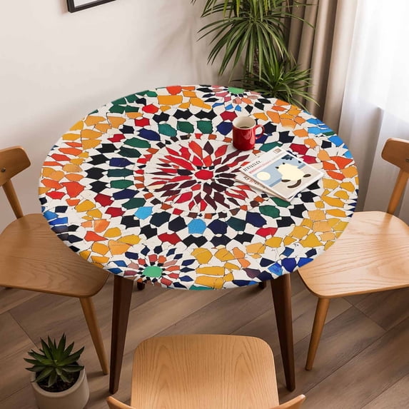 Fitted Tablecloth for Round Table, Traditional Colourful Moroccan Wall ...
