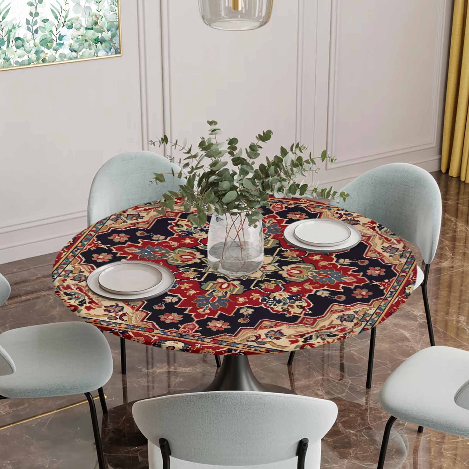 Fitted Tablecloth for Round Table, Tribal Abstract Red Flower Art Table ...