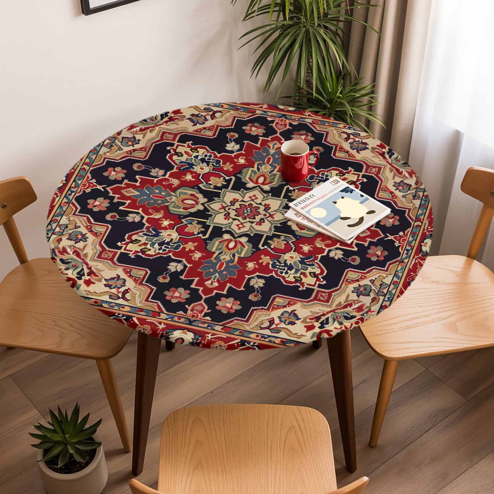 Fitted Tablecloth for Round Table, Tribal Abstract Red Flower Art Table ...