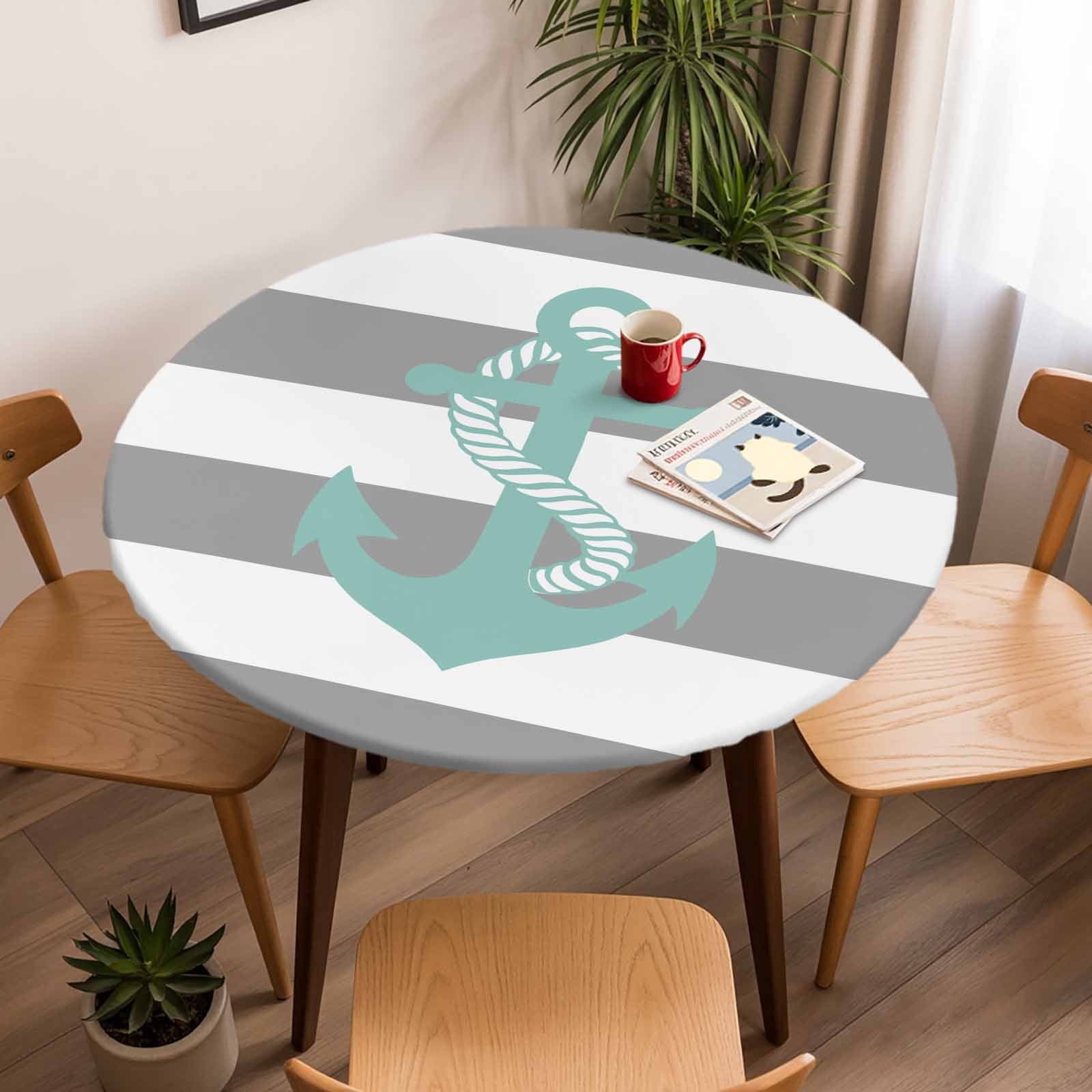 Fitted Tablecloth for Round Table, Turquoise Nautical Anchor Table ...