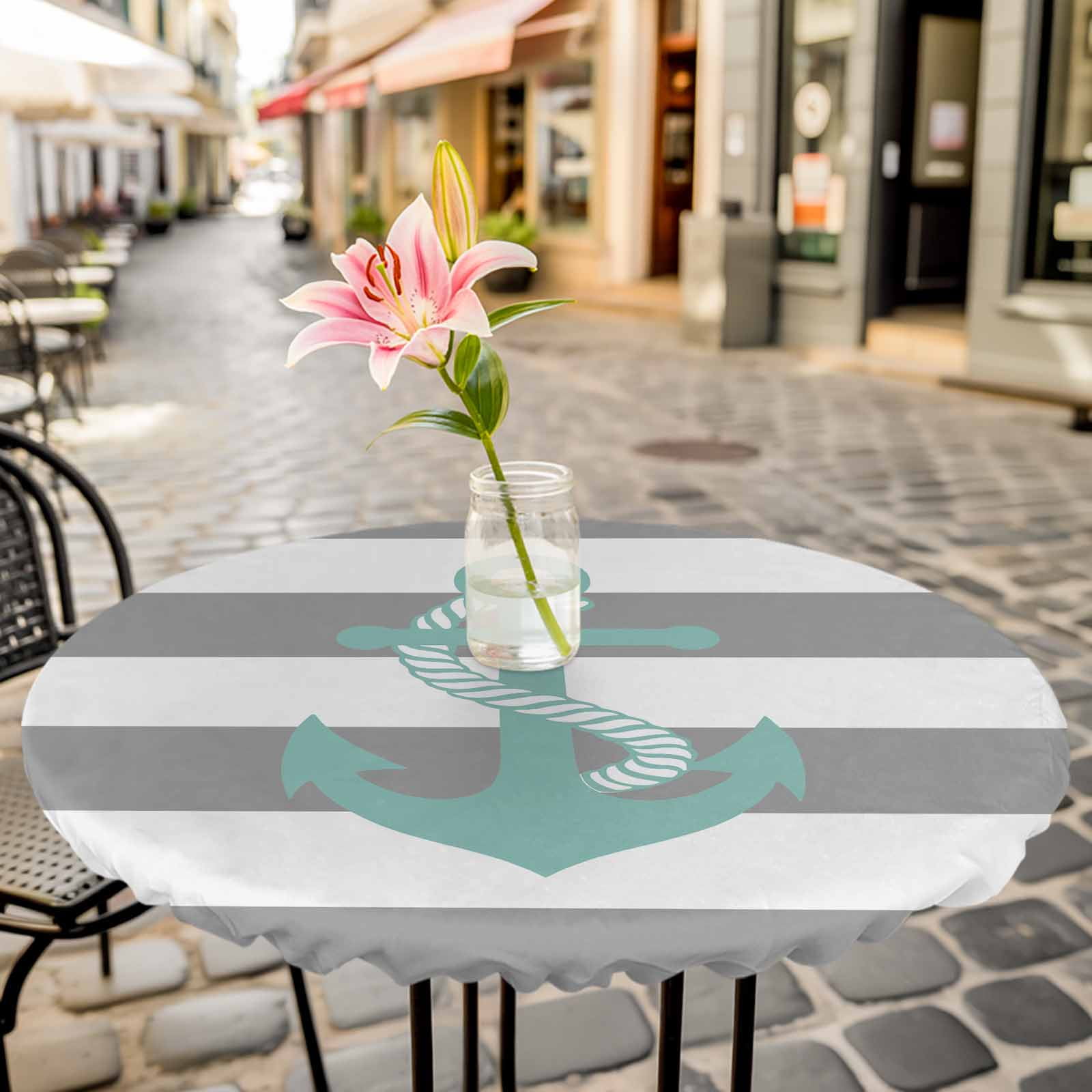 Fitted Tablecloth for Round Table, Turquoise Nautical Anchor Table ...