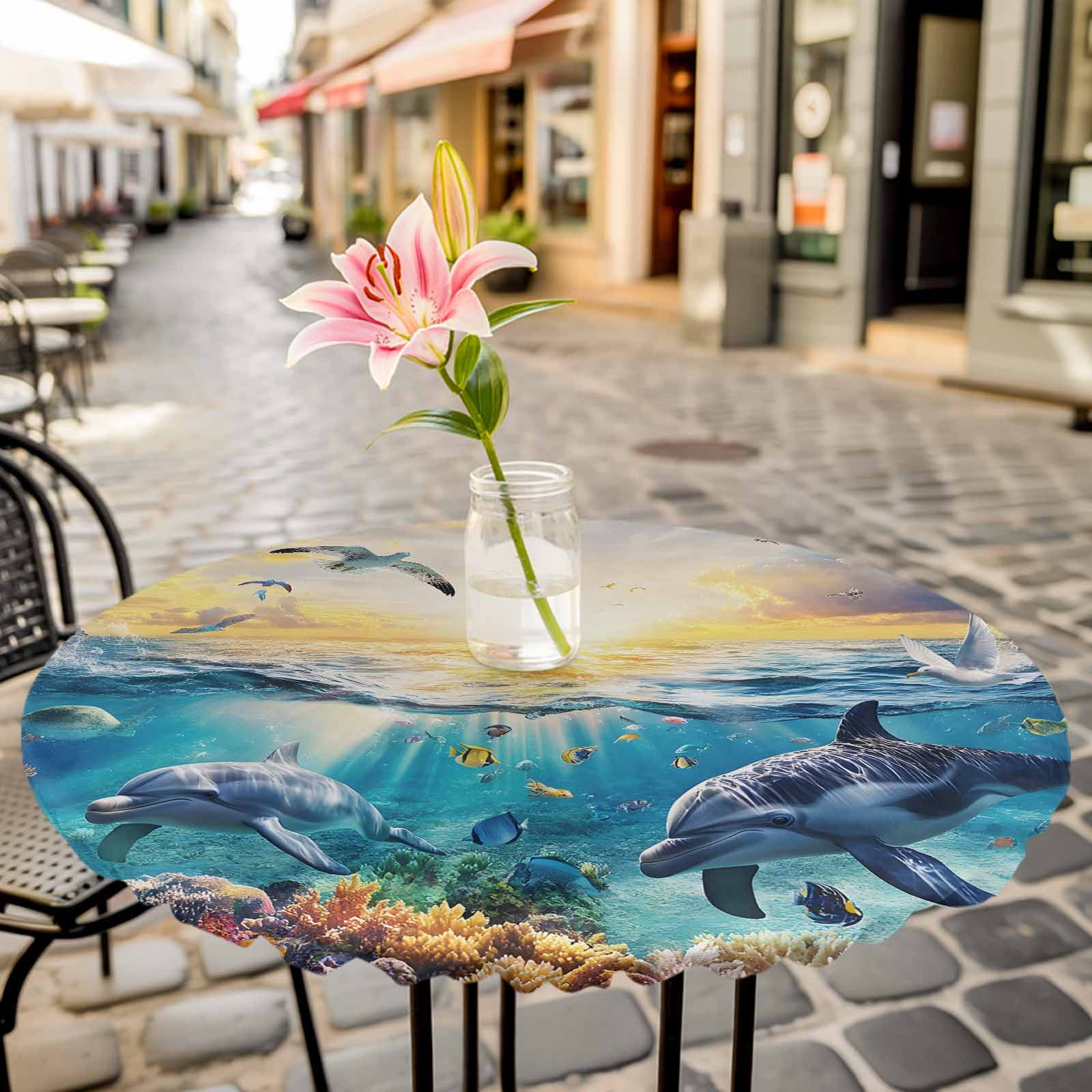 Fitted Tablecloth for Round Table, Underwater World Dolphins Seagulls ...