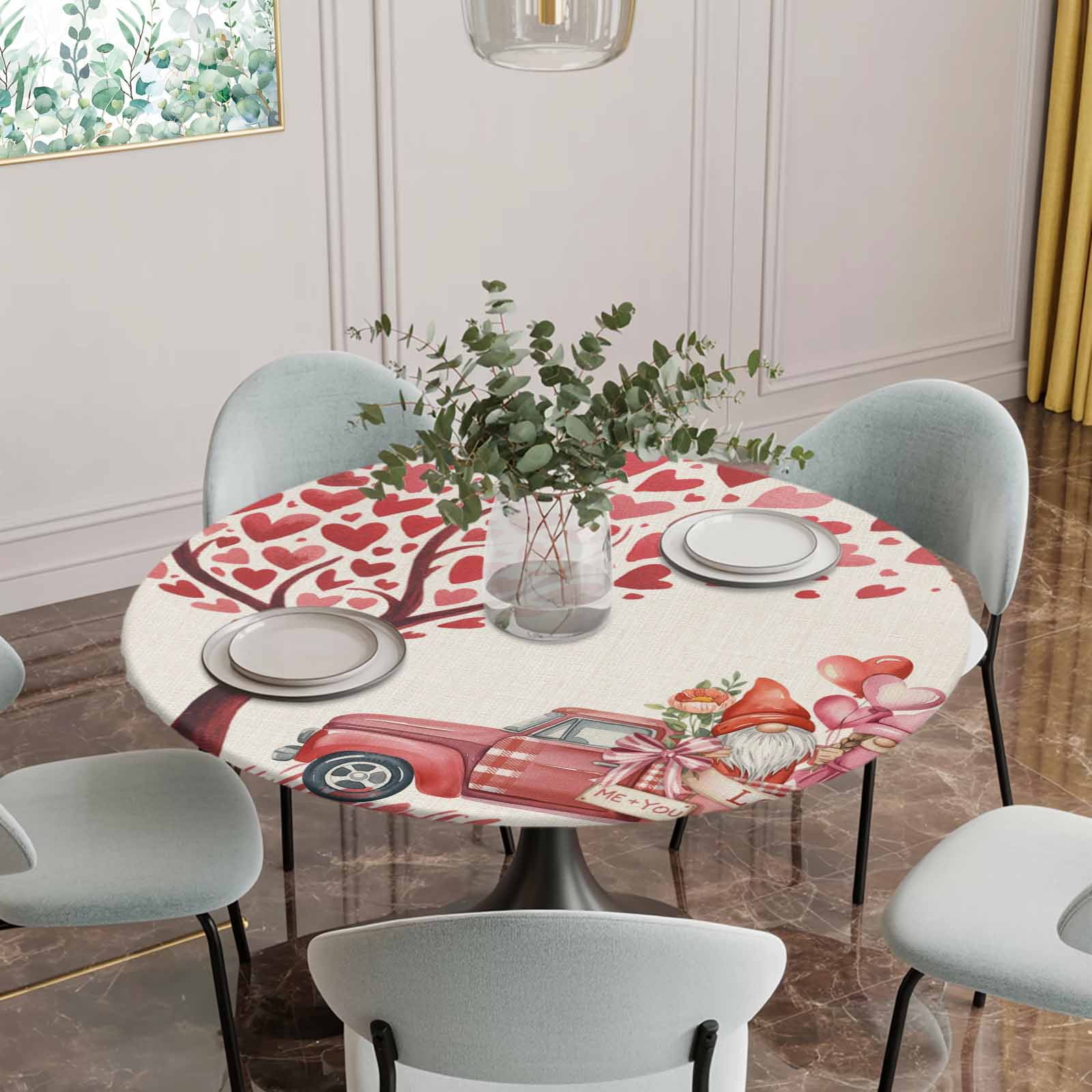 Fitted Tablecloth for Round Table, Valentine's Day Gnomes on Truck ...