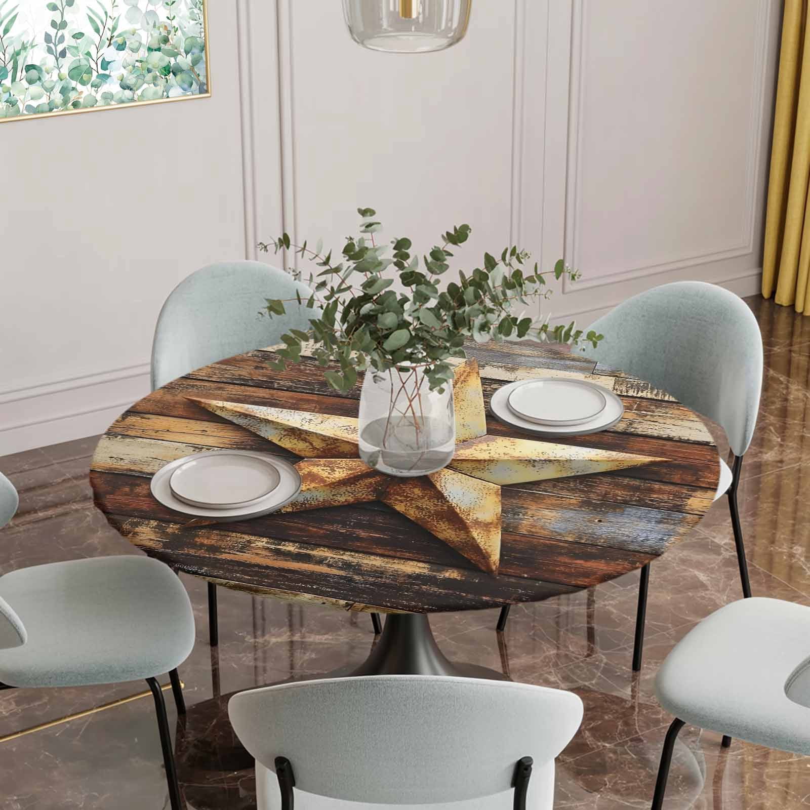 Fitted Tablecloth for Round Table, Vintage Texas Star Wood Grain Table ...