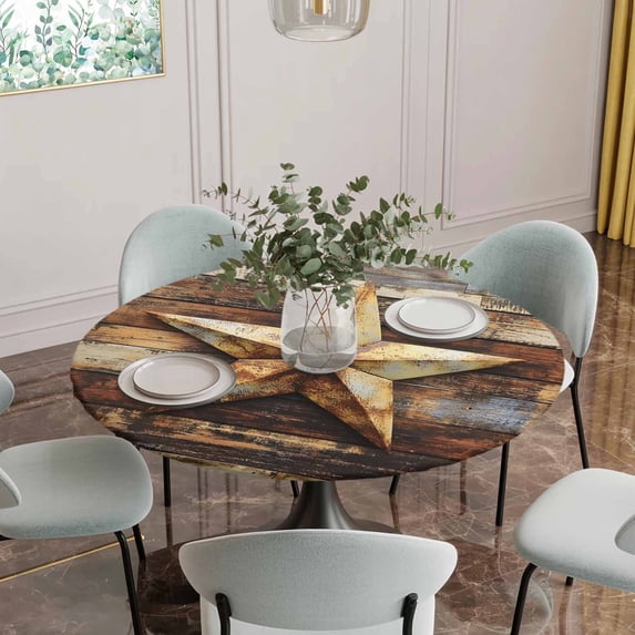 Fitted Tablecloth for Round Table, Vintage Texas Star Wood Grain Table ...