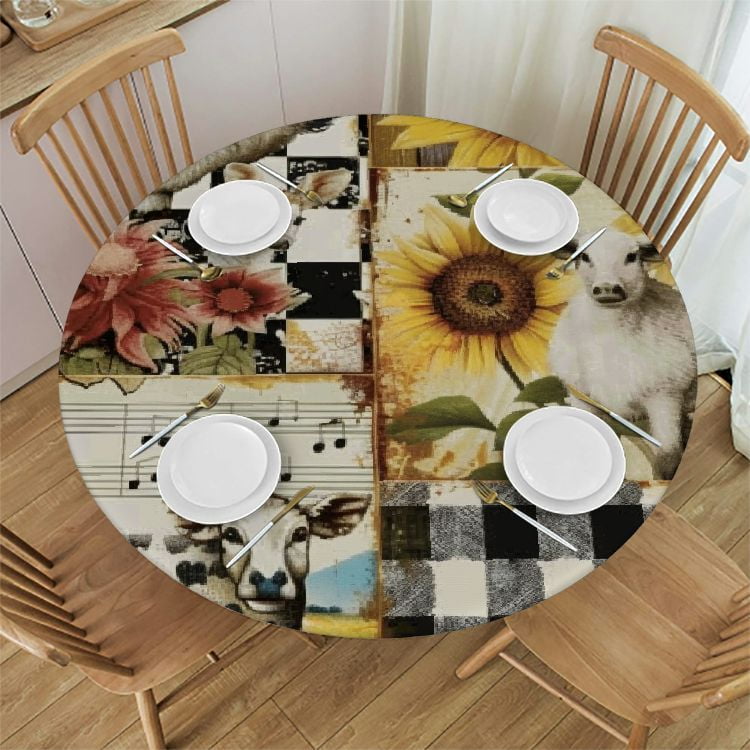 Fitted Tablecloth for Round Table,Farm Animal Black Table Cover with ...