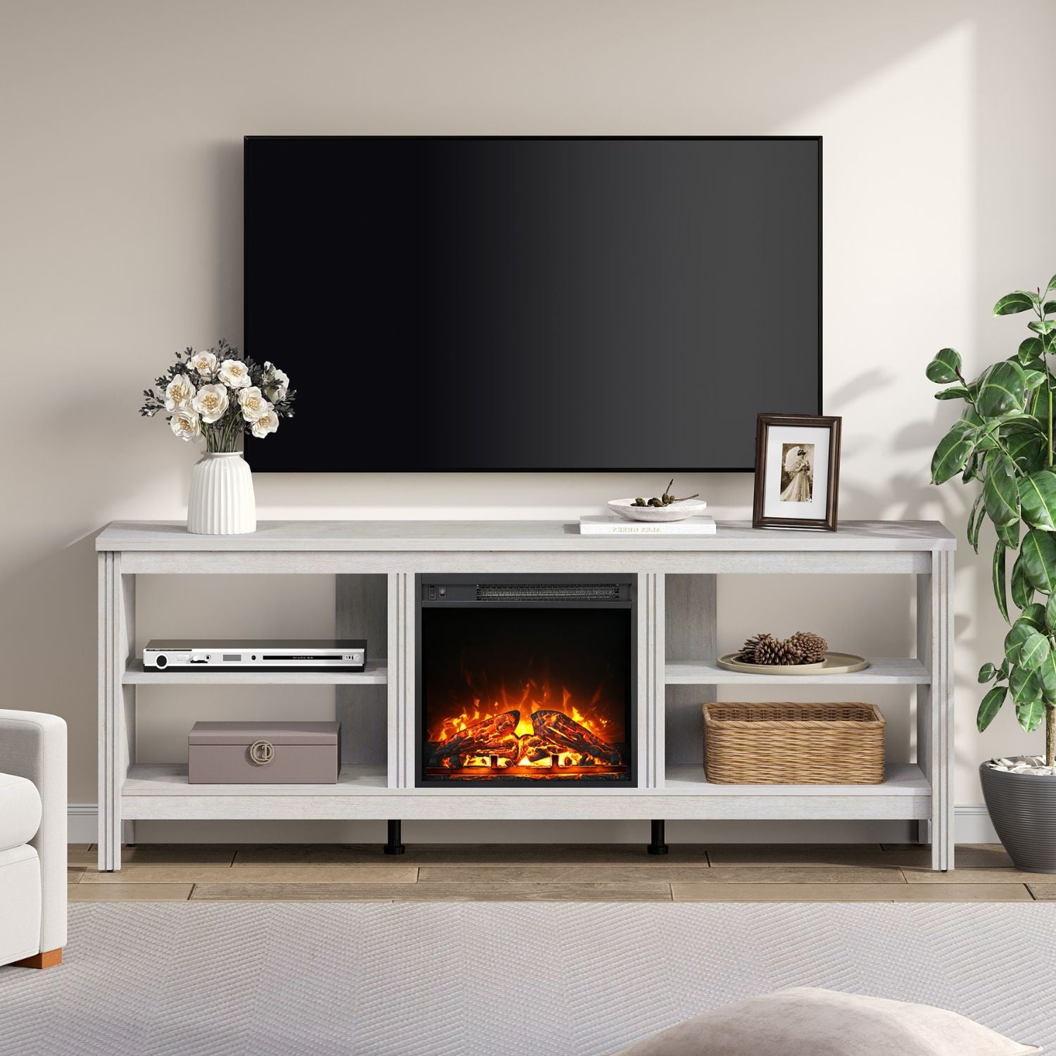 Fitueyes 70" Fireplace TV Stand for 75 Inch TV, Wood Entertainment ...
