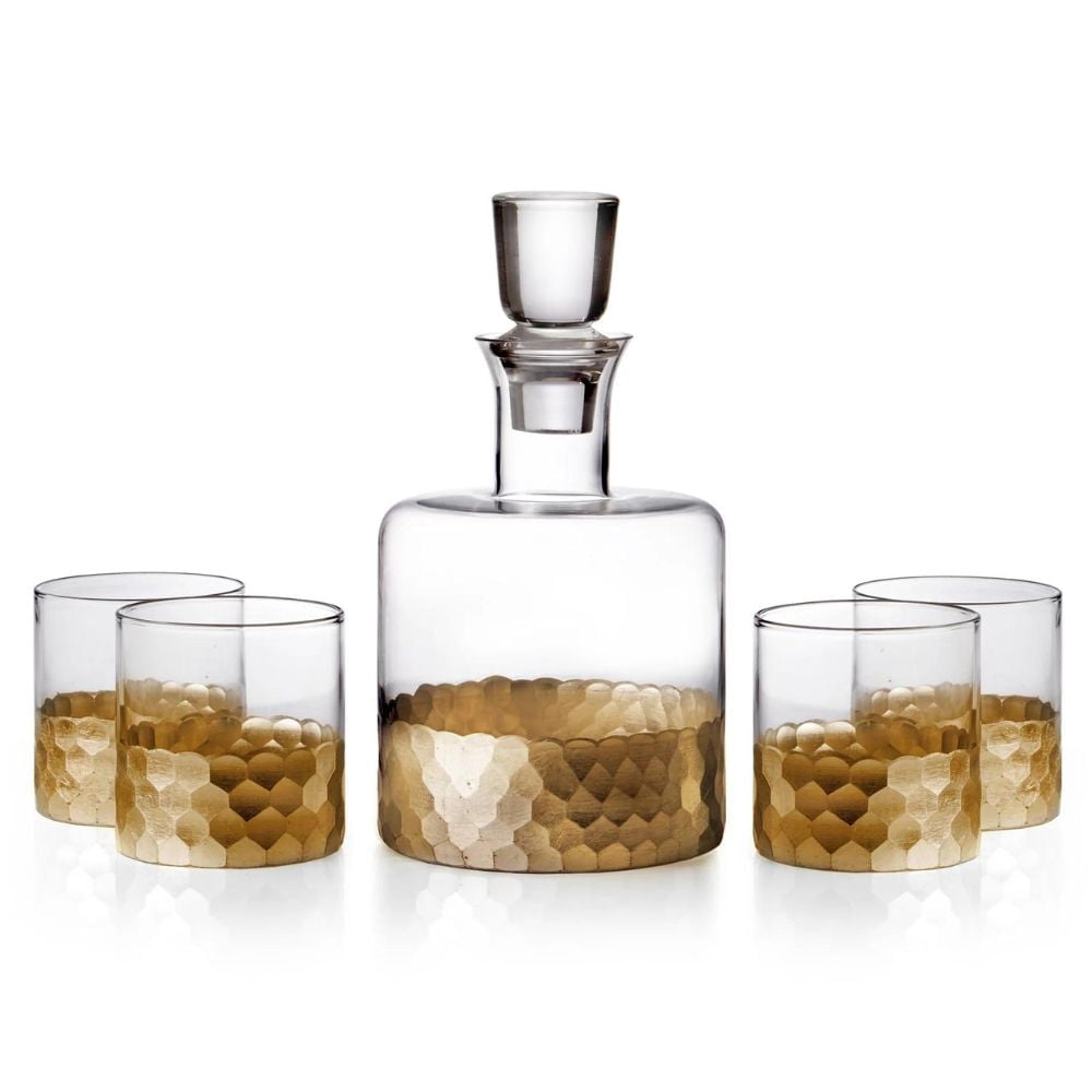 Fitz and Floyd, Round, Gold, Clear Glass Whiskey Decanter Set with 4 ...