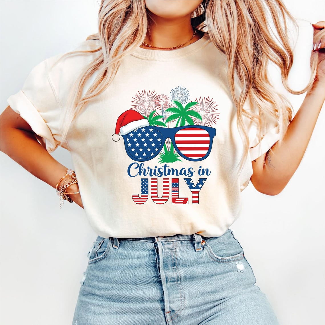 Fitzy Christmas in July Shirt Patriotic Sunglasses USA Flag Fireworks ...