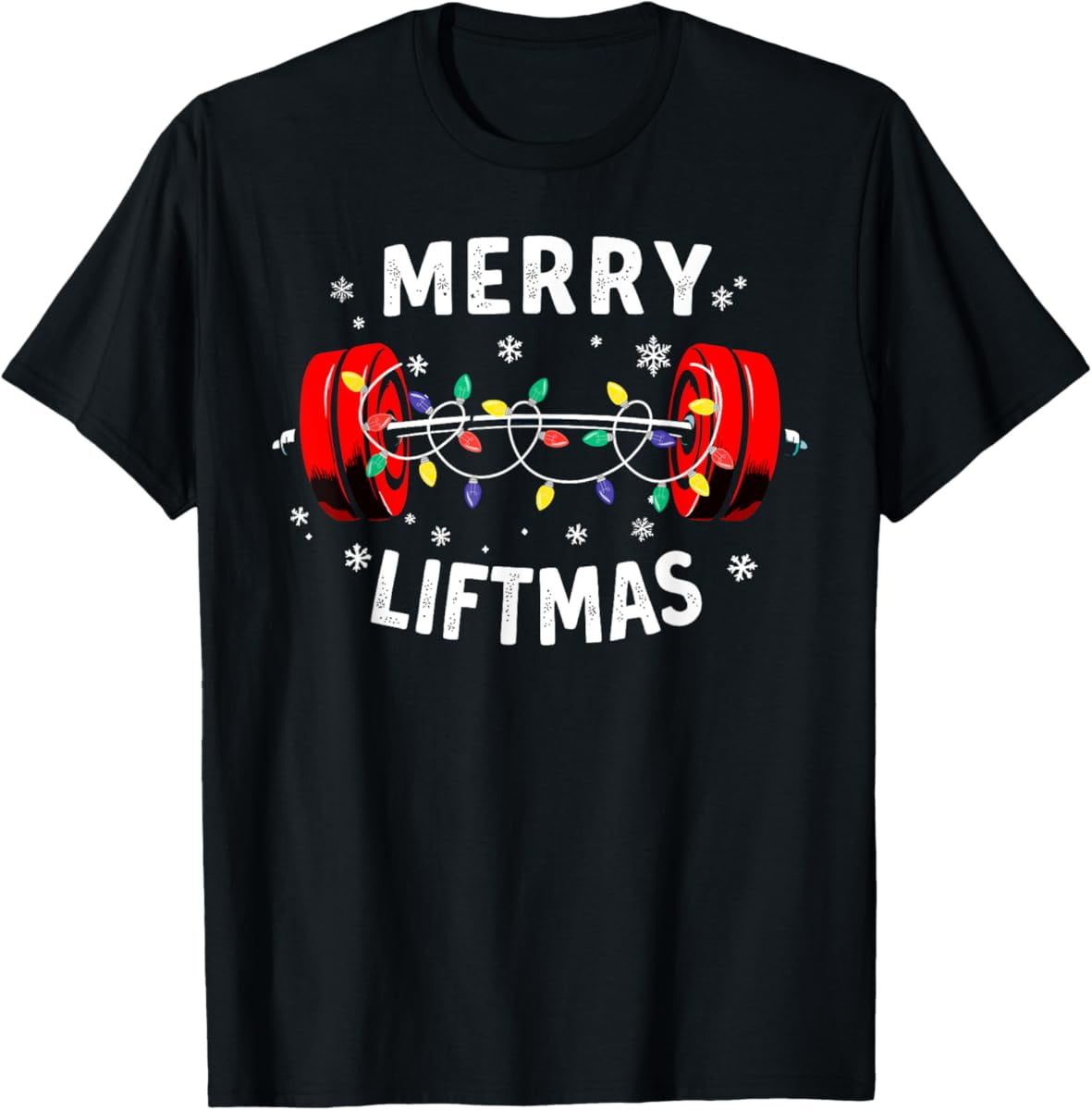 Fitzy Merry Liftmas Barbell Tree Lights Weightlifting T-Shirt Full Size ...