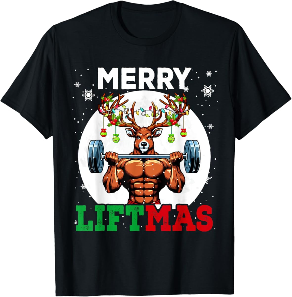Fitzy Merry Liftmas Reindeer Weightlifting Gym Workout T-Shirt Full ...