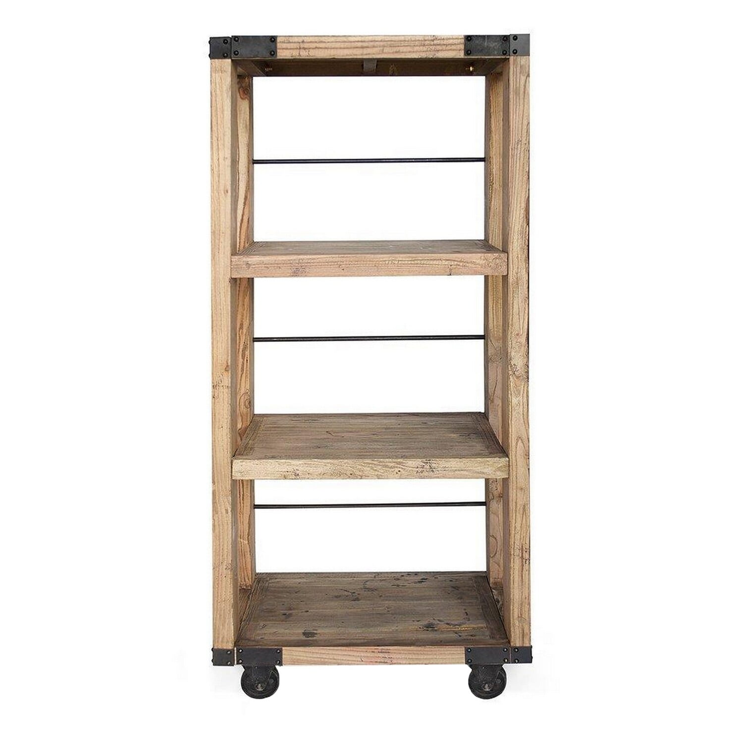 Fiu 63 Inch Pier Table 3 Shelves Bracket Accents Iron Wheels Brown Wood ...