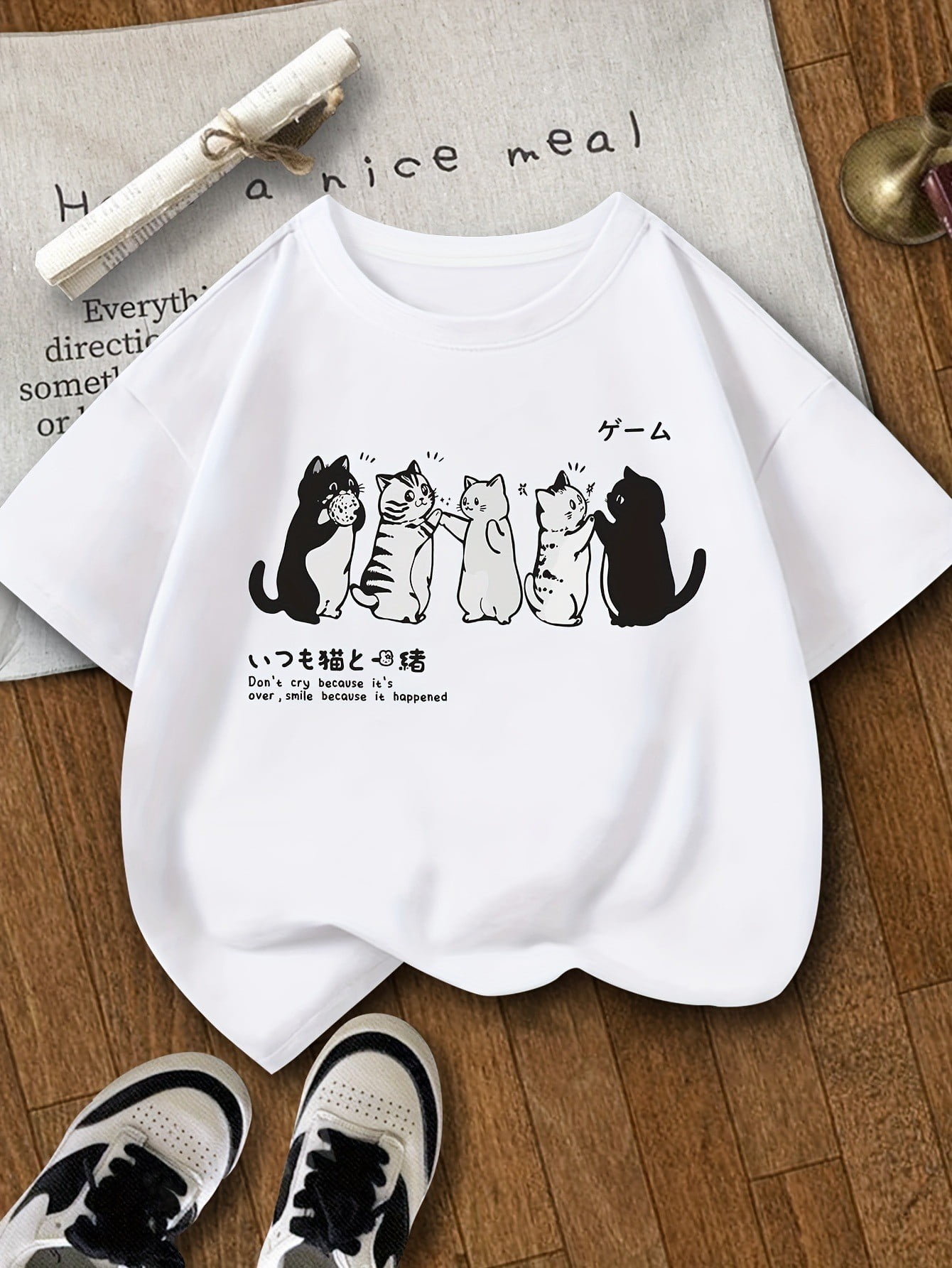 Five Cats Pattern Printed T-shirt, Women's Big Round Neck Short Sleeve T-shirt, Girls' Summer ...