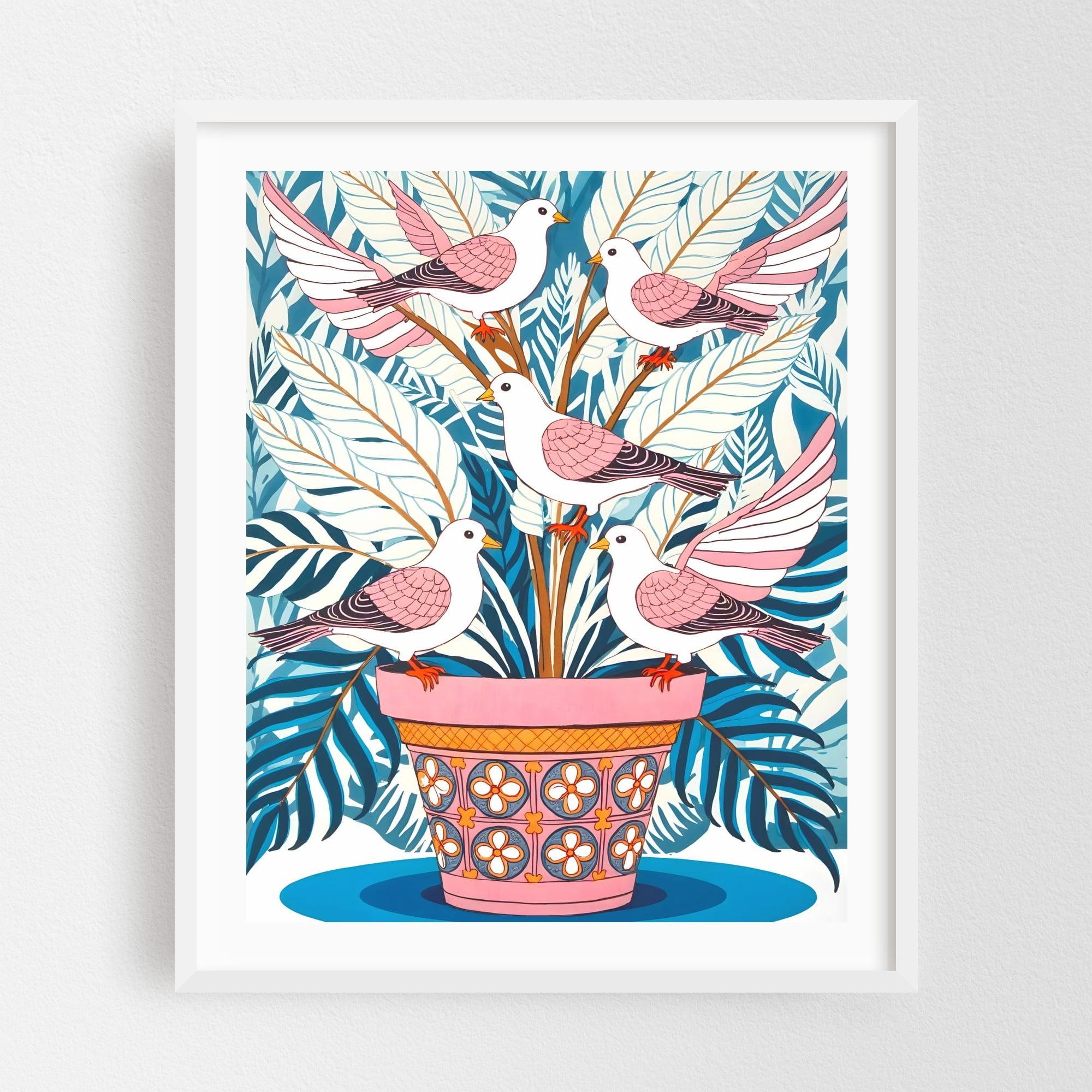 Five Doves In Bloom - Painting Bird Botanical Illustration Floral ...