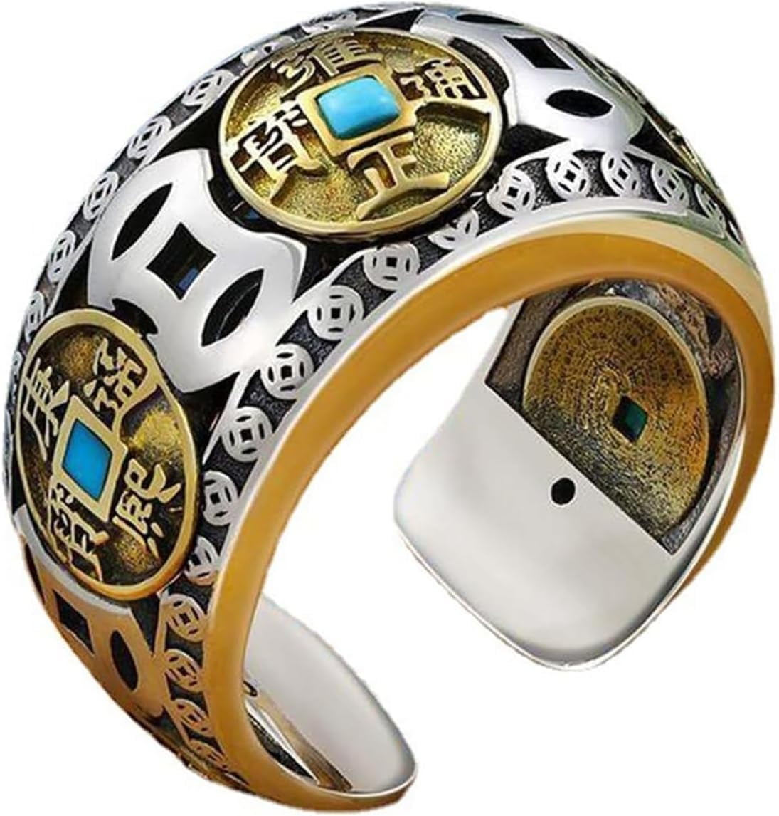 Five Emperors Coin Feng Shui Ring, 925 Sterling Silver Adjustable Rings, Lucky Wealth Money Ring ...