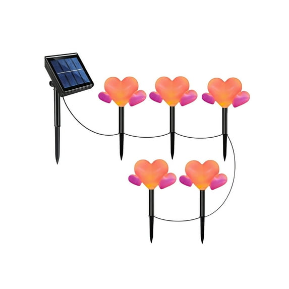 Five Heart Shaped Solar Stake Lights, Outdoor Holiday Garden String ...