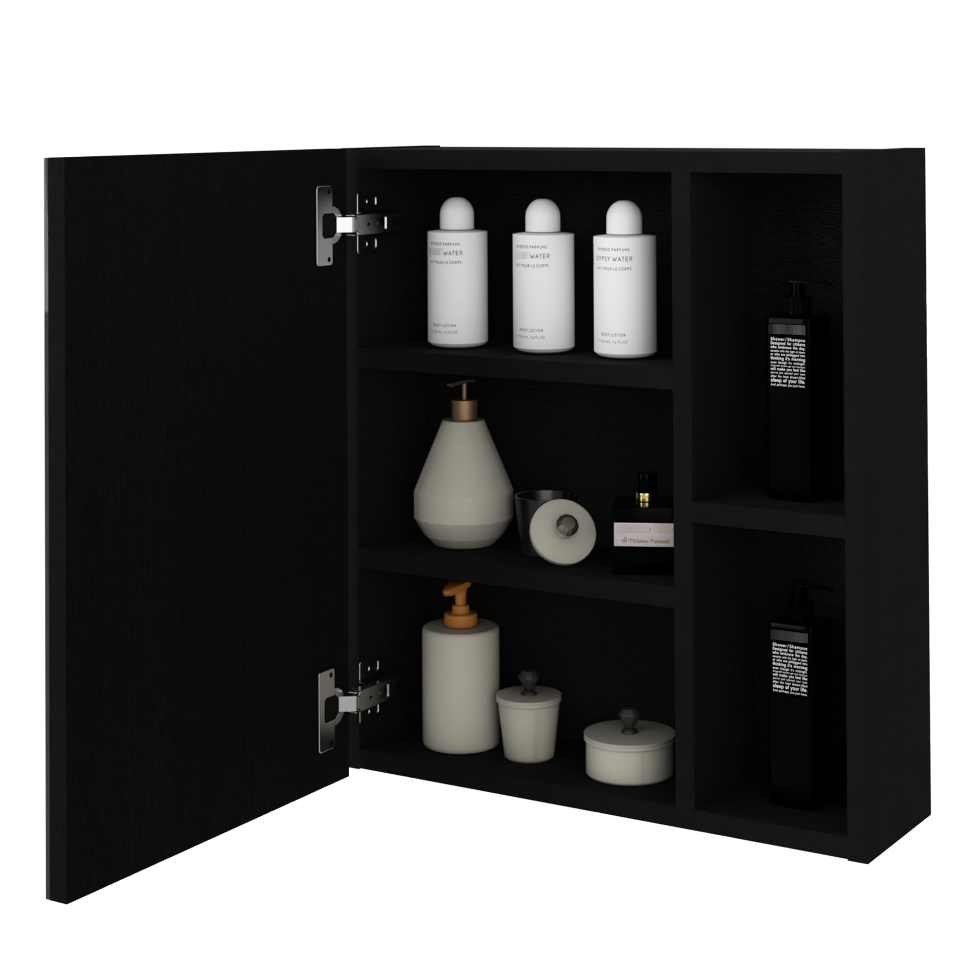 Five Internal Shelves Medicine Cabinet Mirror In Black Texture , Containing Inner Shelf Areas ...