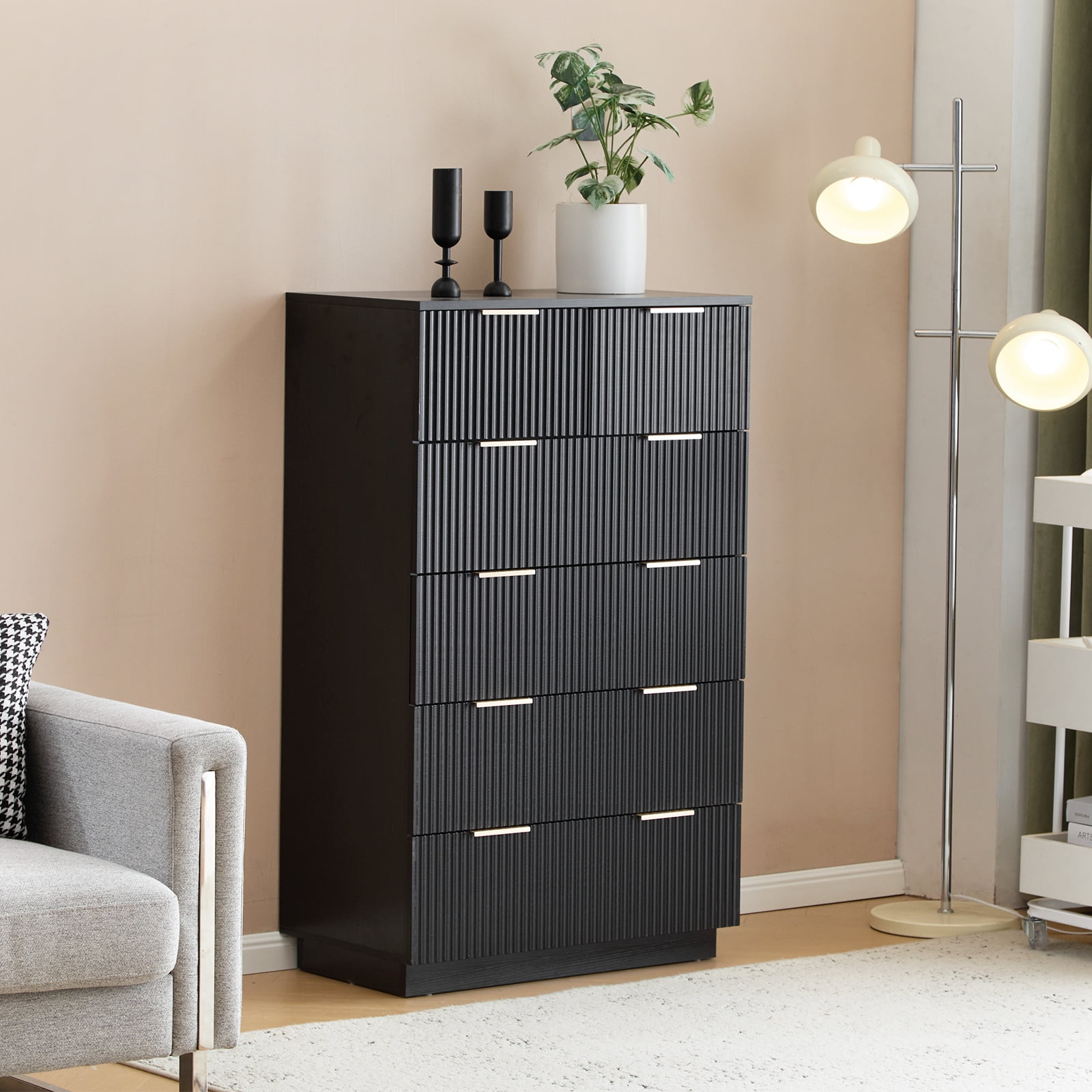 Five-Level Cabinet with Six Drawer, Black P2 Particle Board and Density ...