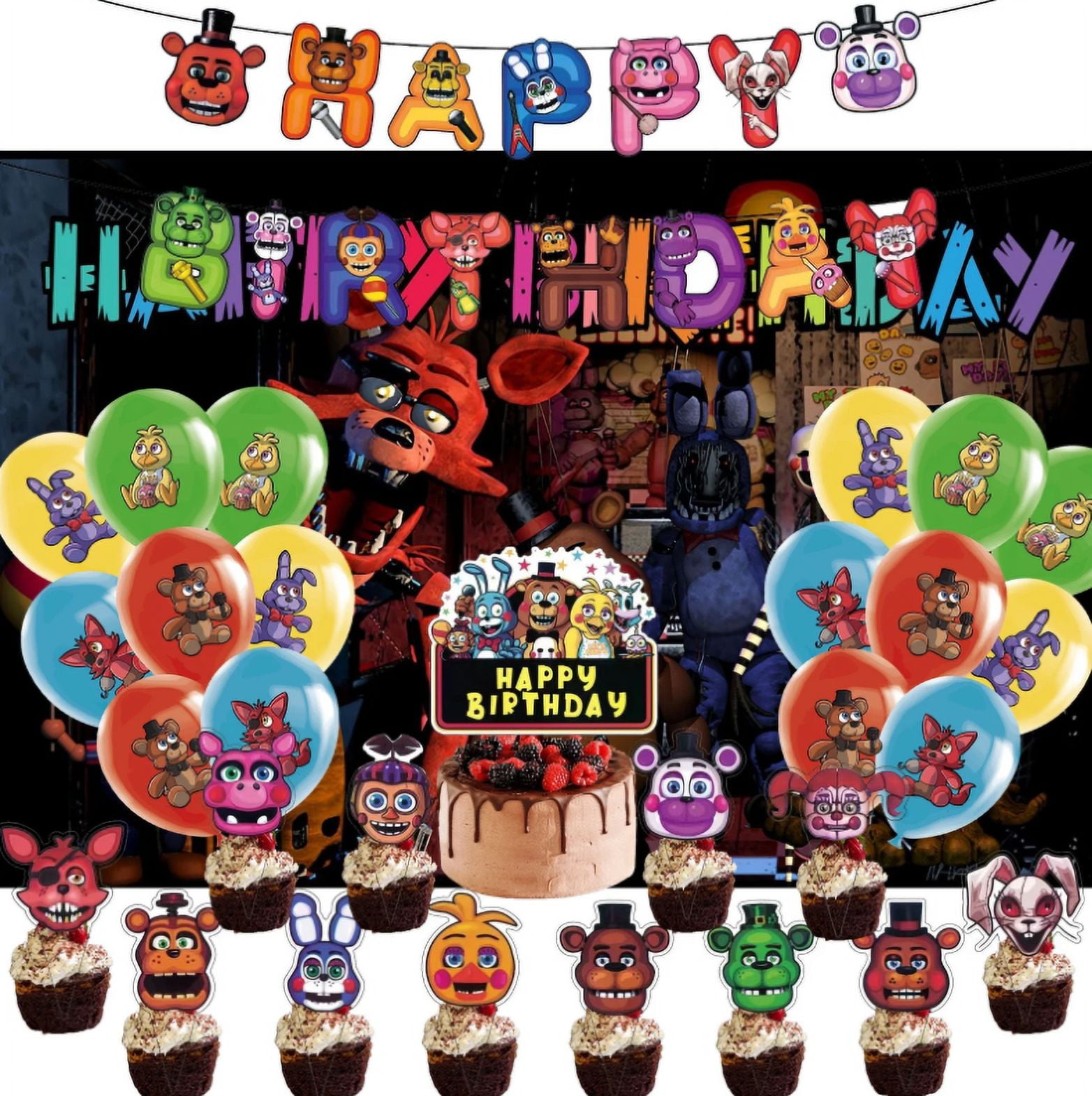 Five Nights Party Supplies, Birthday Banner, Hanging Swirls, Cake ...