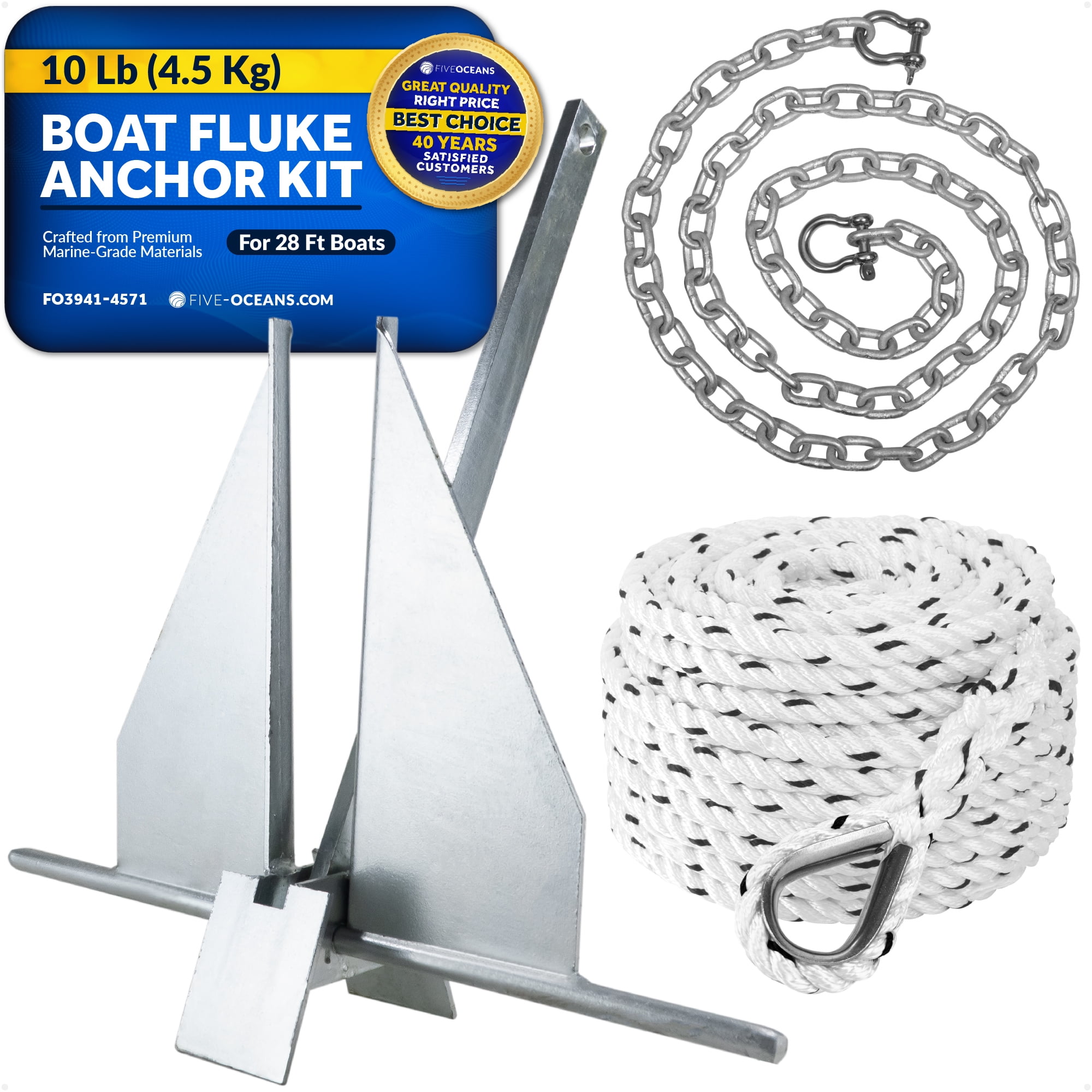 Five Oceans 10 Lb Fluke Boat Anchor Kit with Chain & Rope, Heavy-Duty ...