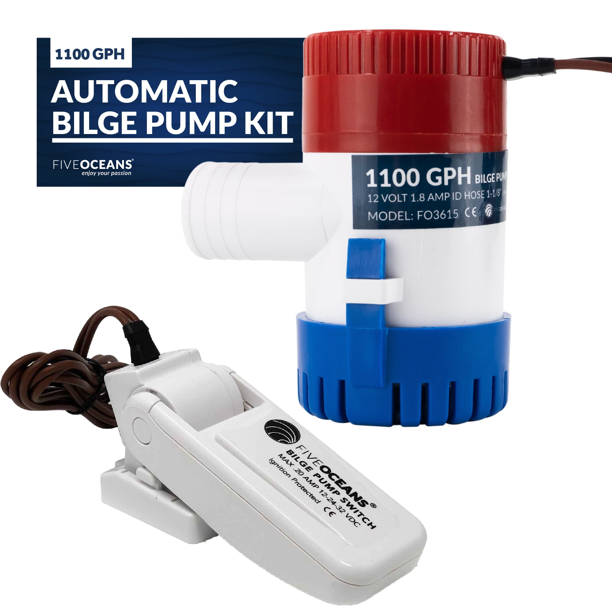 Five Oceans 1100 GPH / 4164 LPH Automatic Bilge Pump Kit, 12-Volts, 1-1 ...
