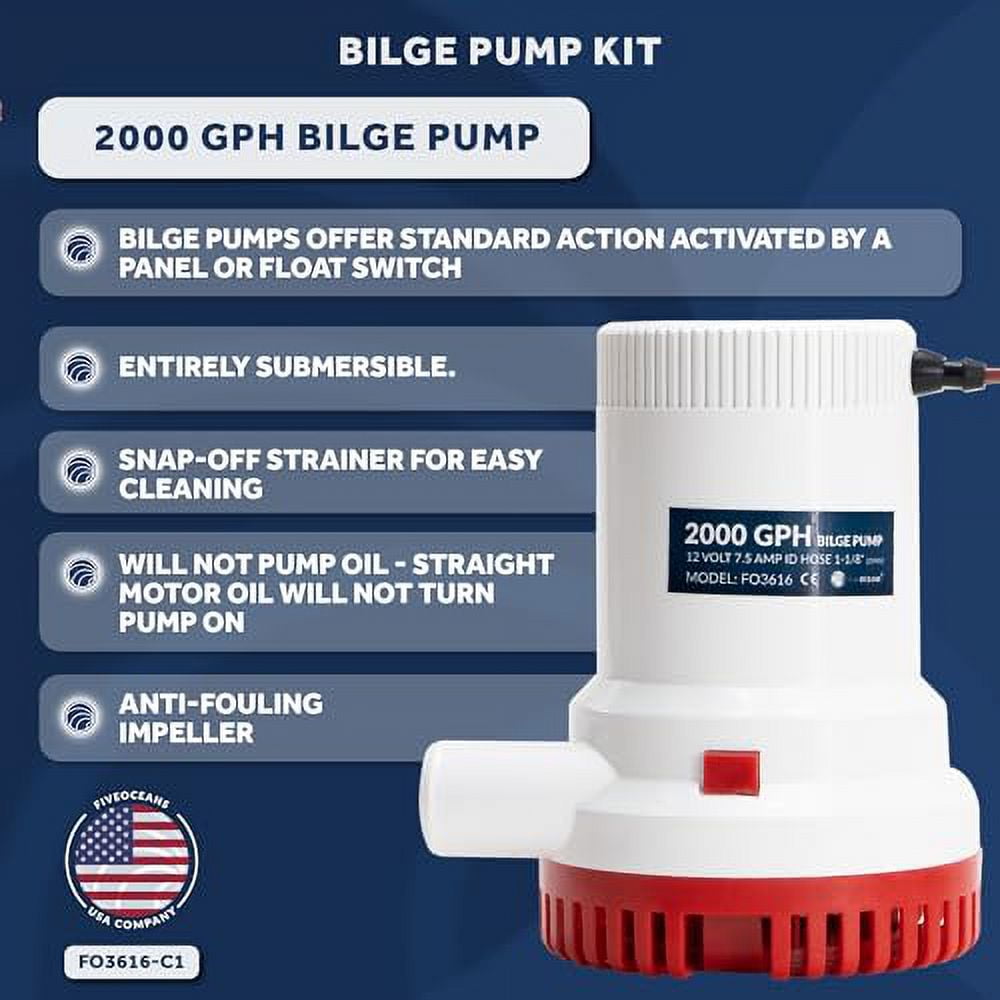 Five Oceans 2000 GPH / 7571 LPH Automatic Bilge Pump Kit, 1-1/8-Inch ...