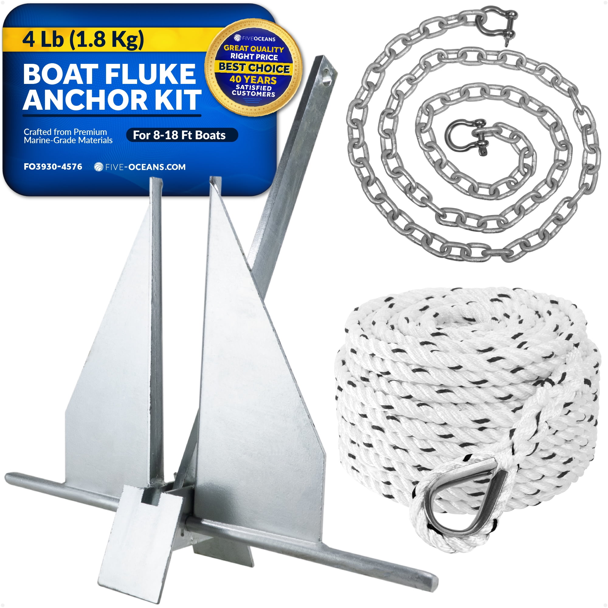 Five Oceans 4 Lb Fluke Boat Anchor Kit with Chain & Rope, Heavy-Duty ...