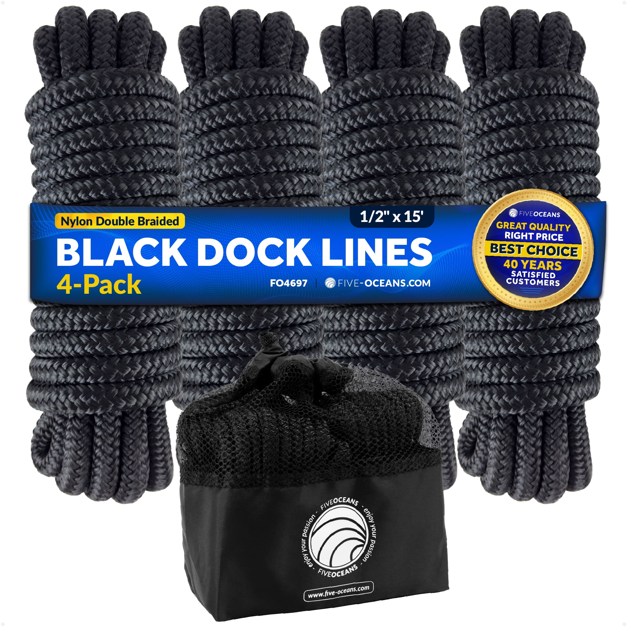 Five Oceans 4-Pack 1/2" x 15' Boat Dock Lines with 12" Eyelet, Marine ...