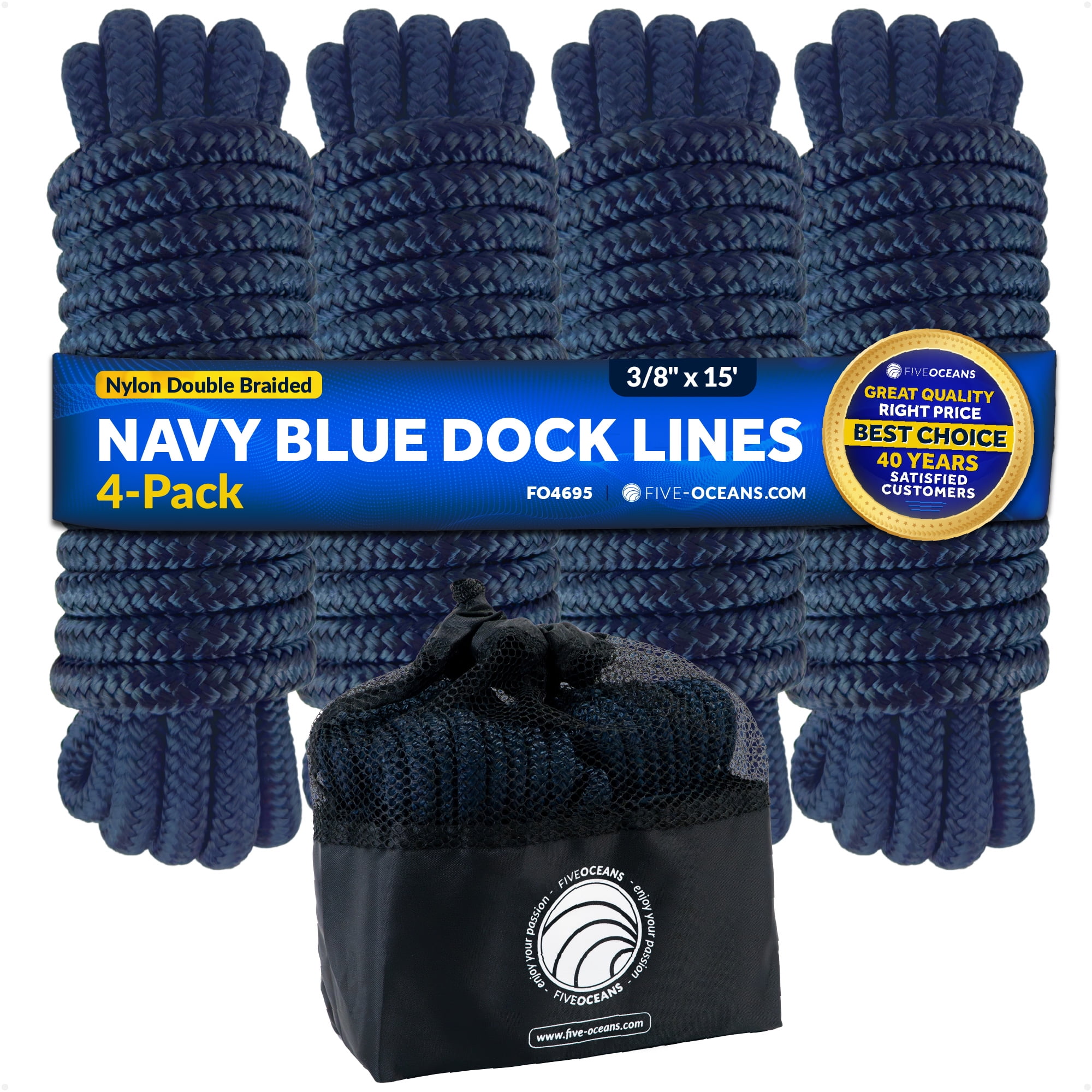 Five Oceans 4-Pack 3/8" x 15' Boat Dock Lines with 12" Eyelet, Marine ...