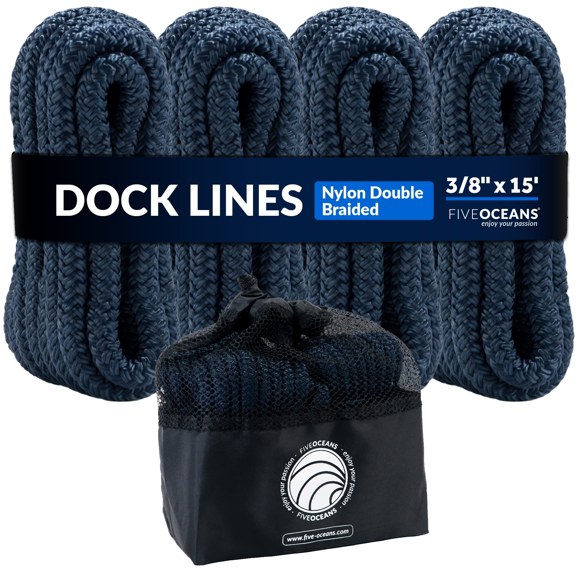 Five Oceans 4-Pack 3/8" x 15' Boat Dock Lines with 12" Eyelet, Marine ...