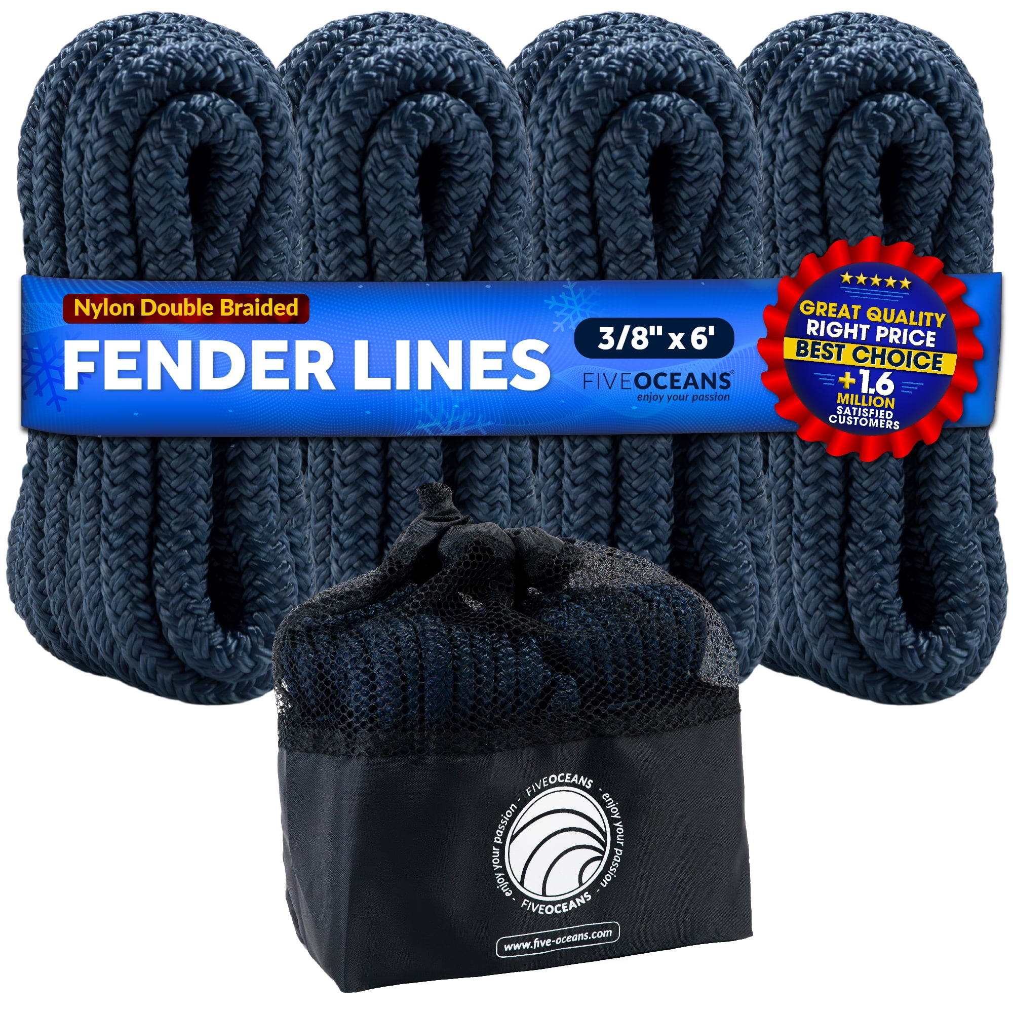 Five Oceans 4-Pack 3/8" x 6' Boat Fender Lines with 5" Eyelet, Boat ...