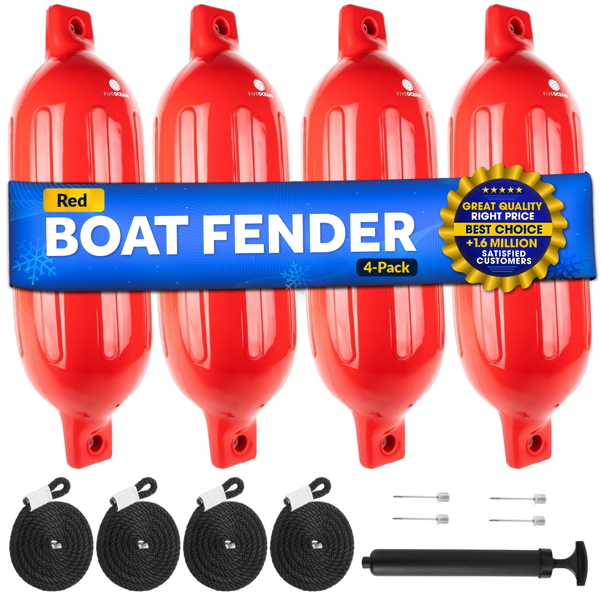 Five Oceans 4-Pack Boat Fenders - 6.5 x 23-Inch, Red - Boat Bumpers for ...