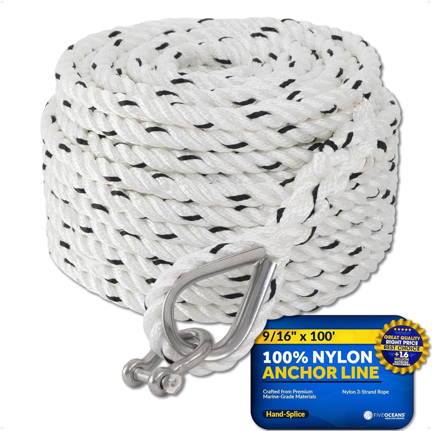 Five Oceans Anchor Line 9/16" x 100', Anchor Rope Line, Marine Premium ...