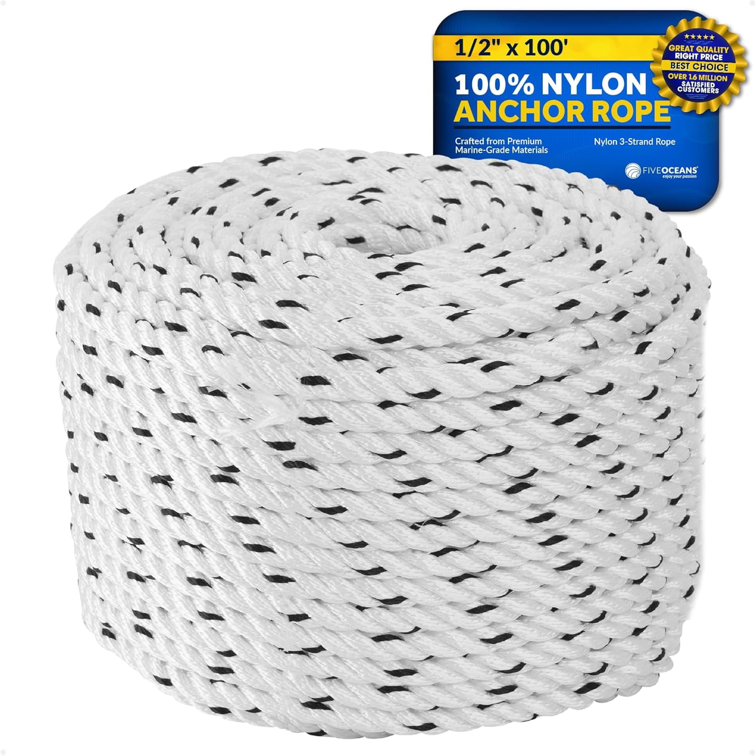 Five Oceans Boat Rope 1/2 inch x 100 ft - Marine Premium 3-Strand White ...