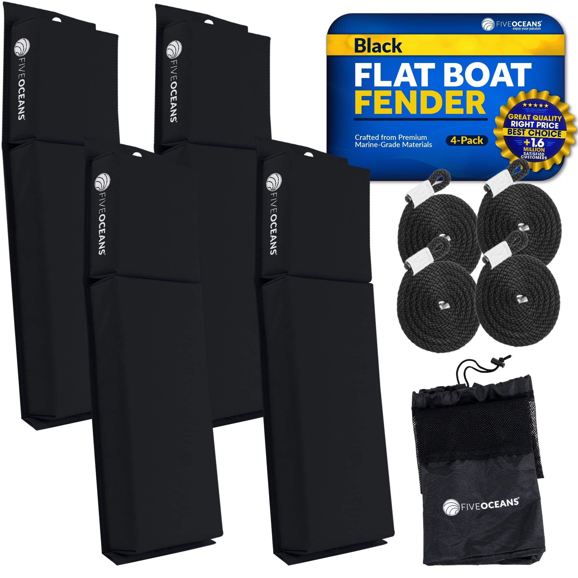 Five Oceans Boat Fender, Docking Bumpers, 4-Pack - 24-Inch, Black, with ...
