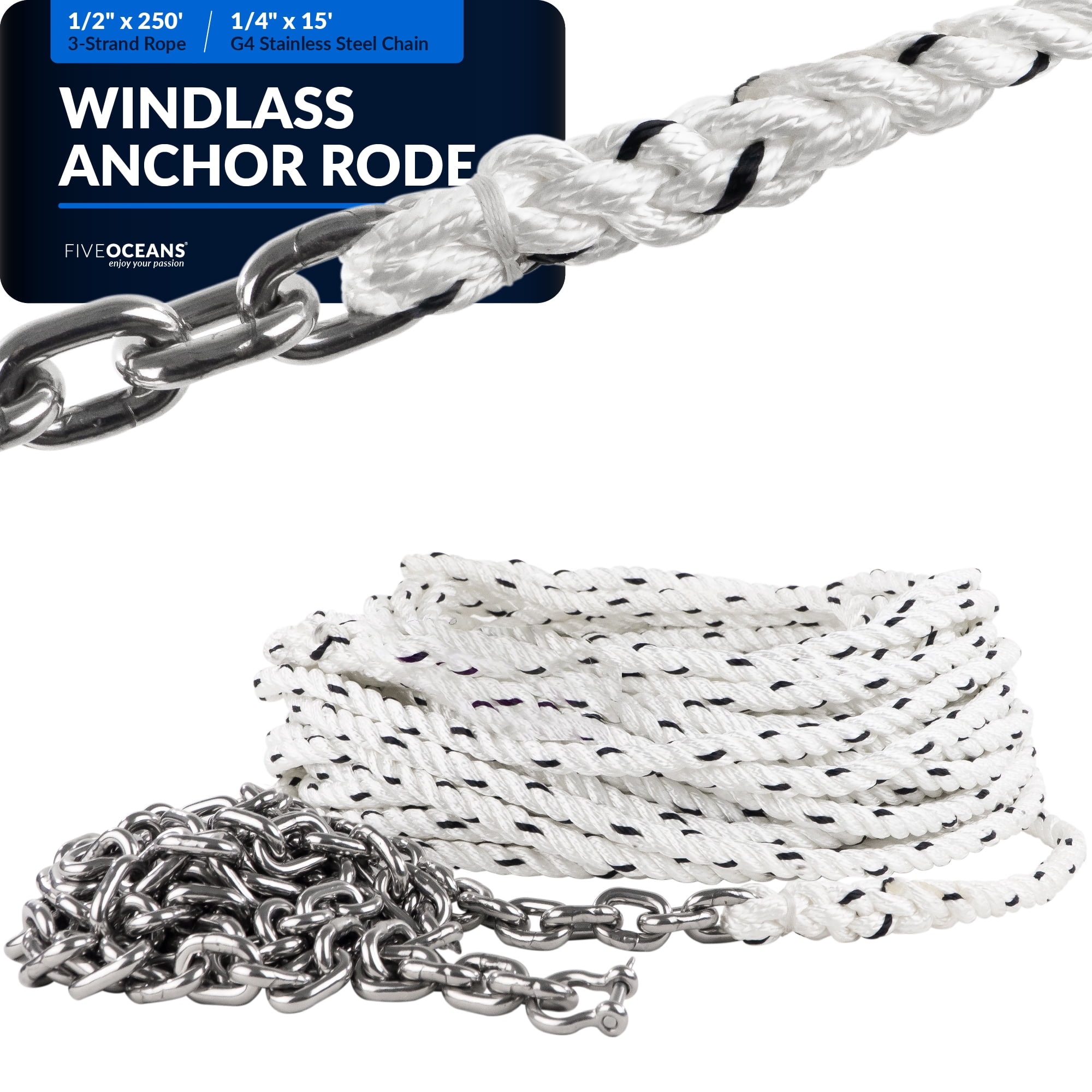 Free Shipping! Five Oceans Marine Nylon Anchor Rode - 1/2\ x 250' 3 ...