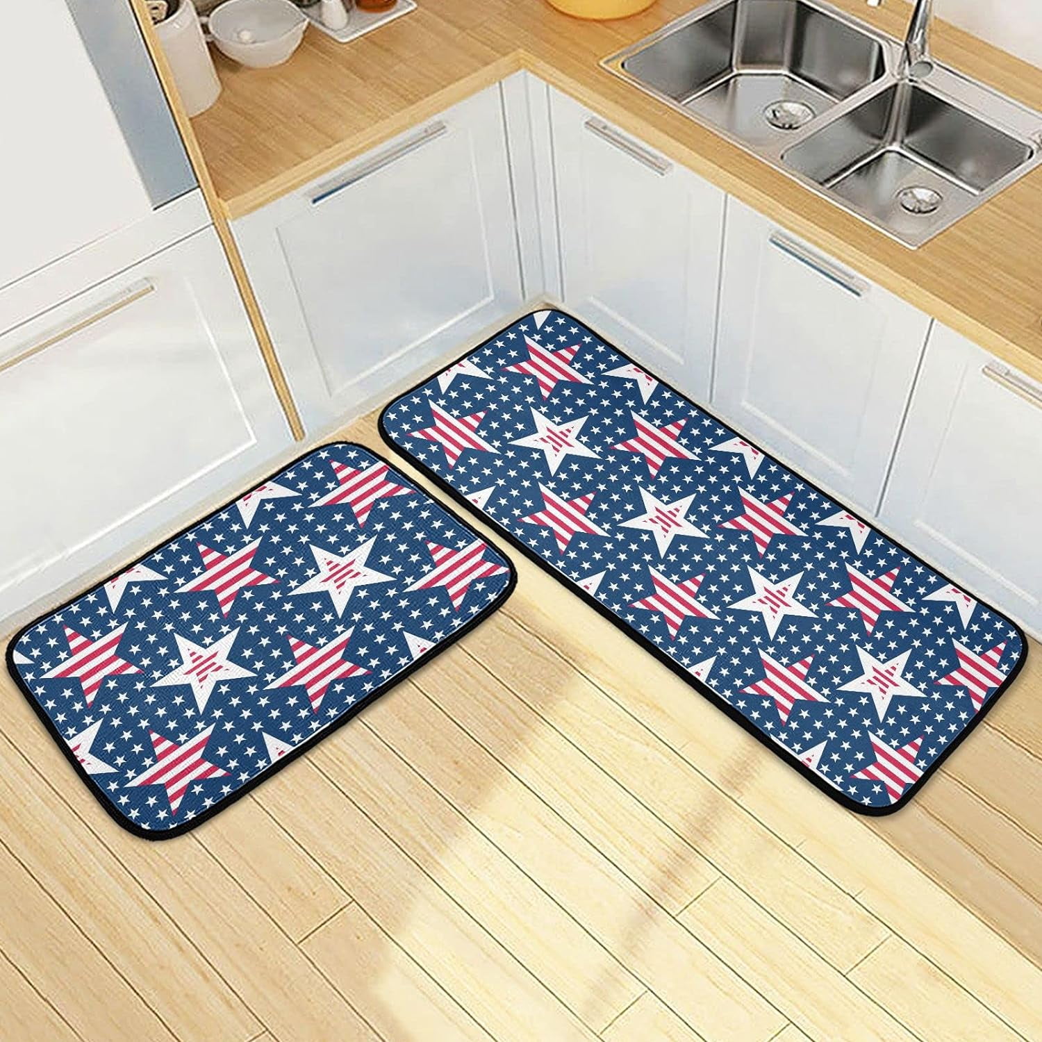 Five Pointed Stars Kitchen Rugs Set of 2, 4th July Memorial Day Floor ...