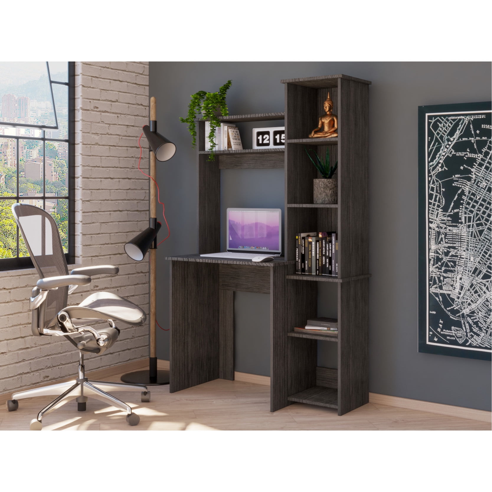 Five - Shelf Desk with Side Bookcase, 2 Superior Shelves / Well ...