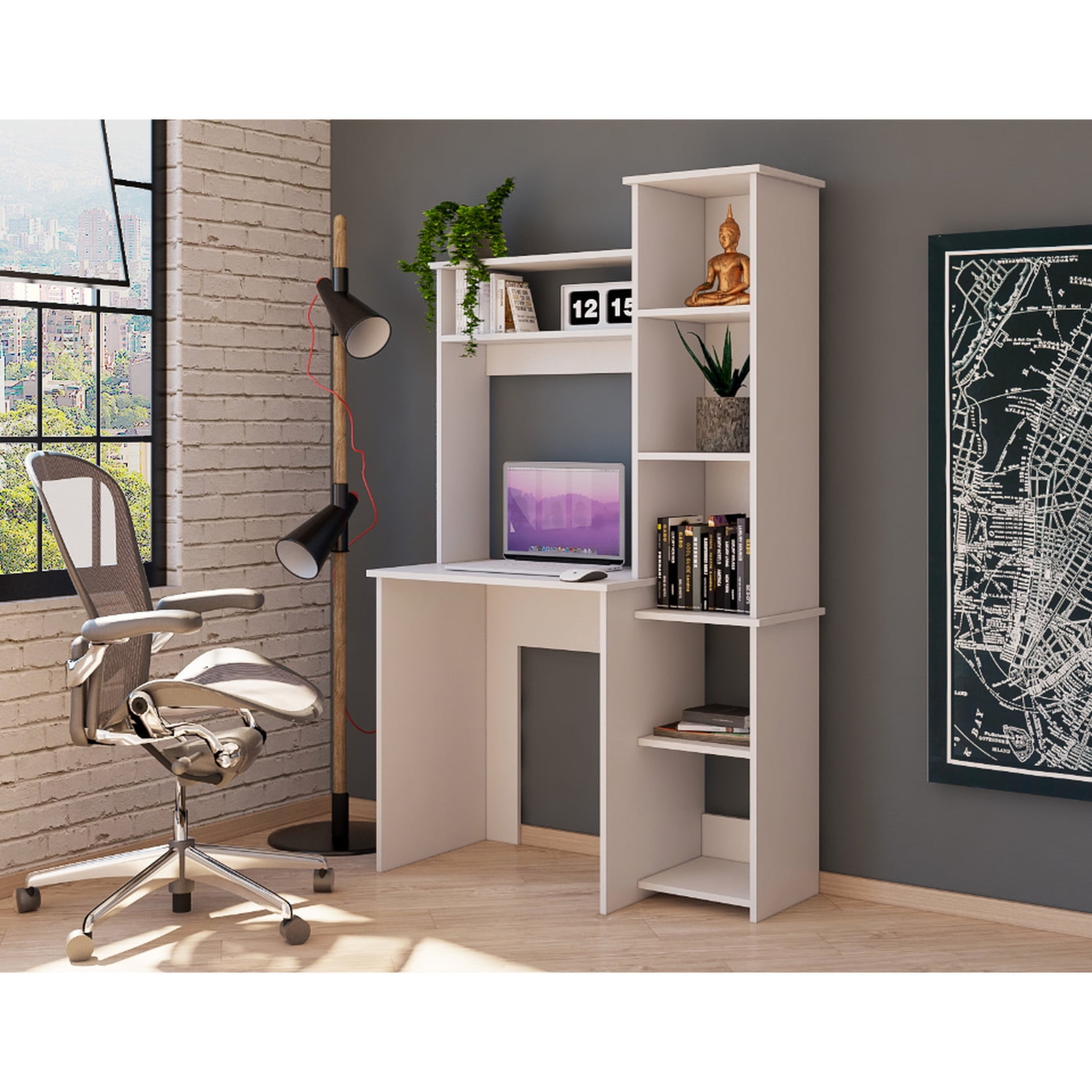 Five - Shelf Side Bookcase, White Desk / Useful for Organizing Files ...