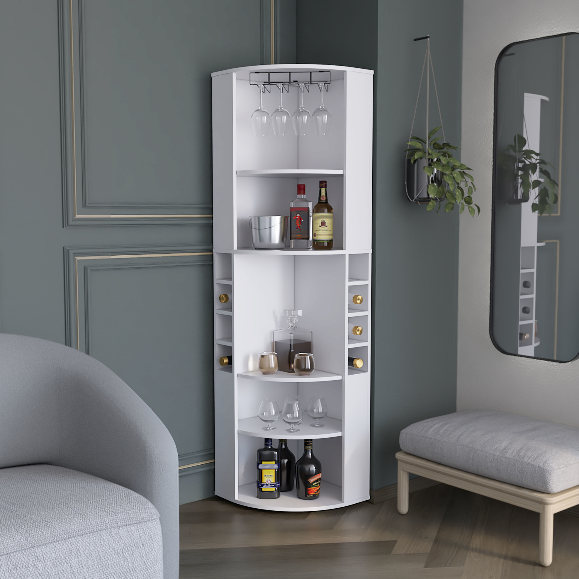 Five Shelves Corner Bar Cabinet White - Eight Bottle For Primary Living ...