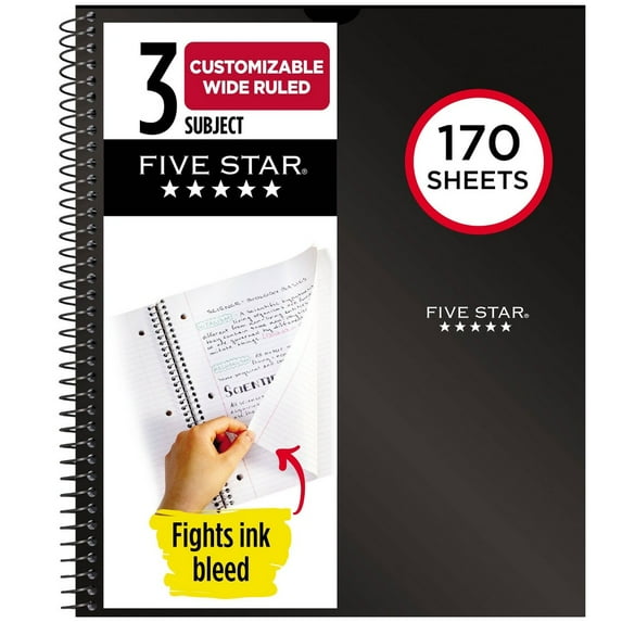 Five Star 3 Subject Wide Ruled Spiral Notebook 8x10.5 Black 170 Sheets ...